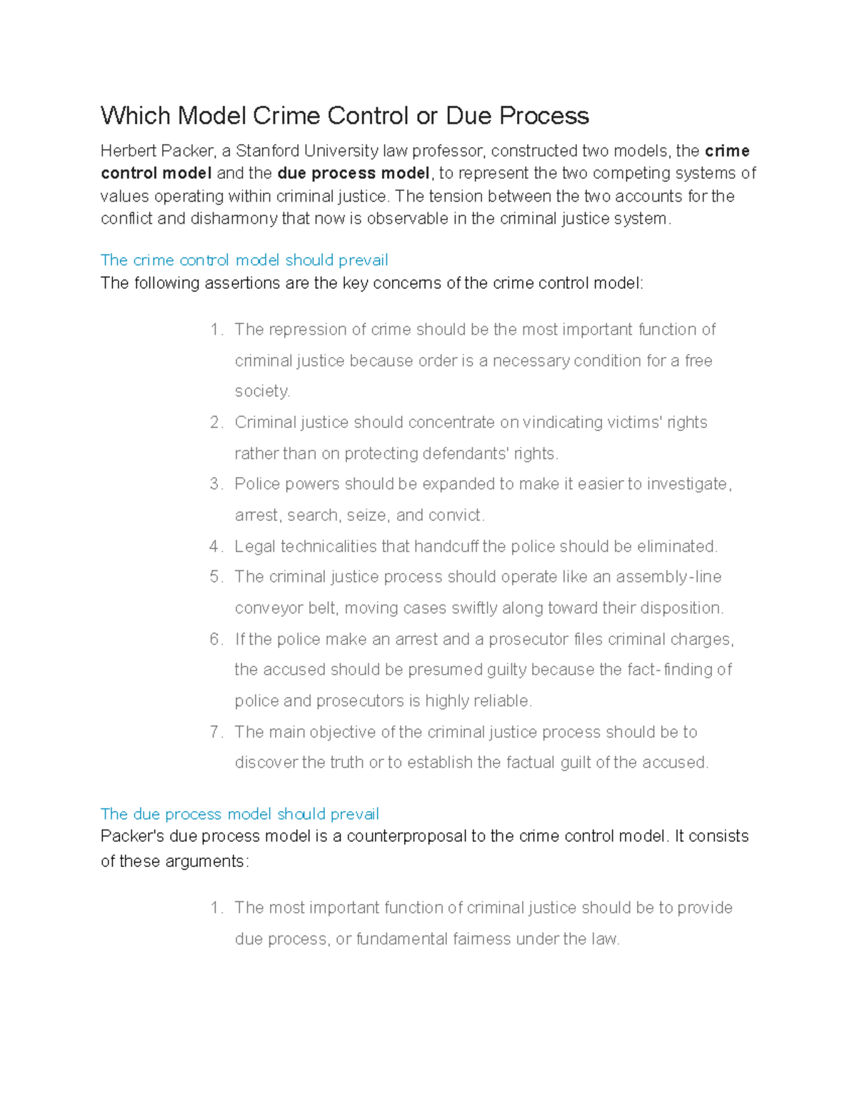 Which Model Crime Control or Due Process - The tension between the two ...