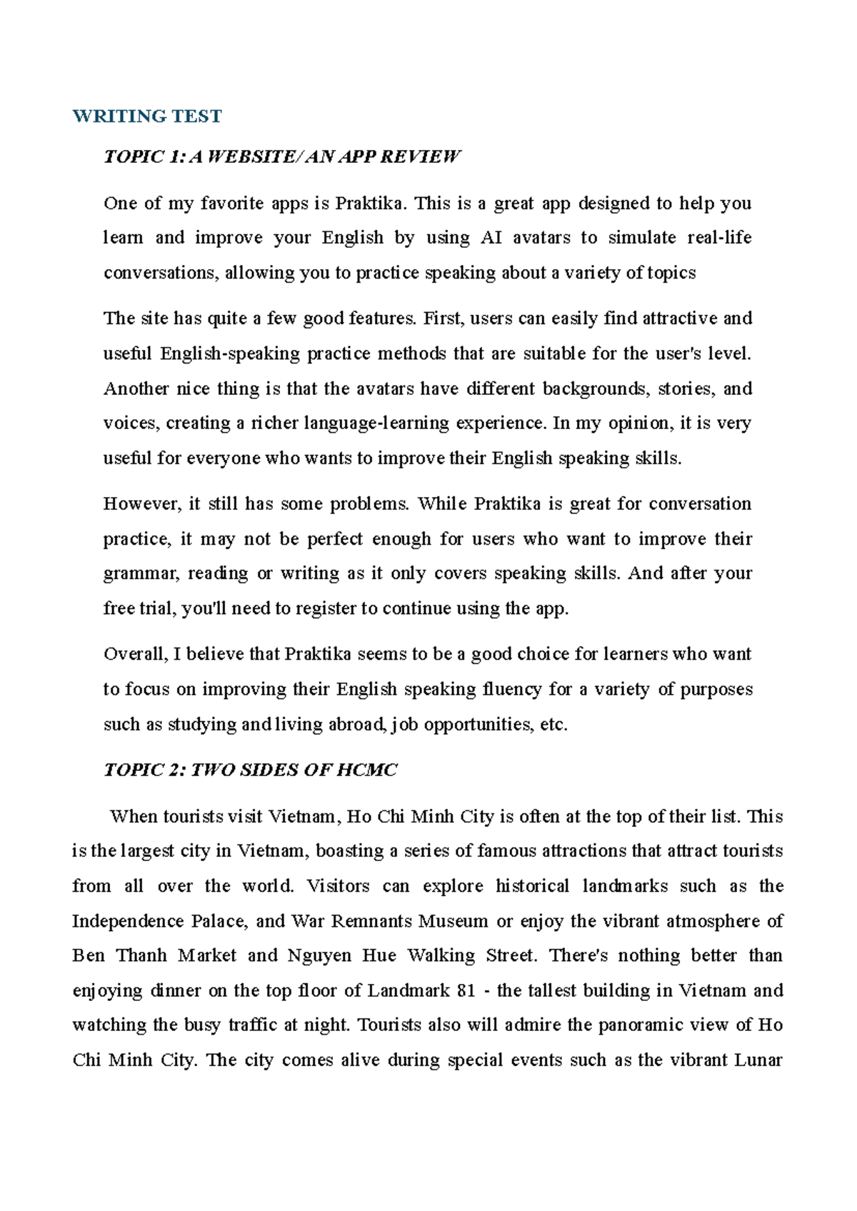 Writing Test: App Review & HCMC Insights - Studocu