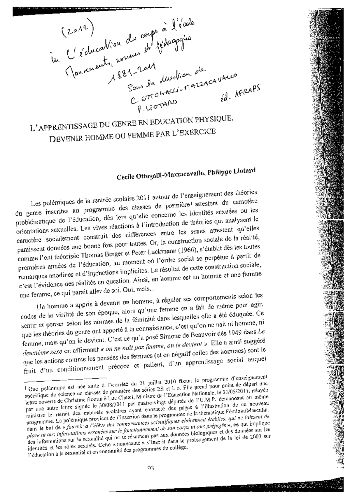 Étude sur le Genre en Éducation Physique : Normes et Identités (C. DU ...