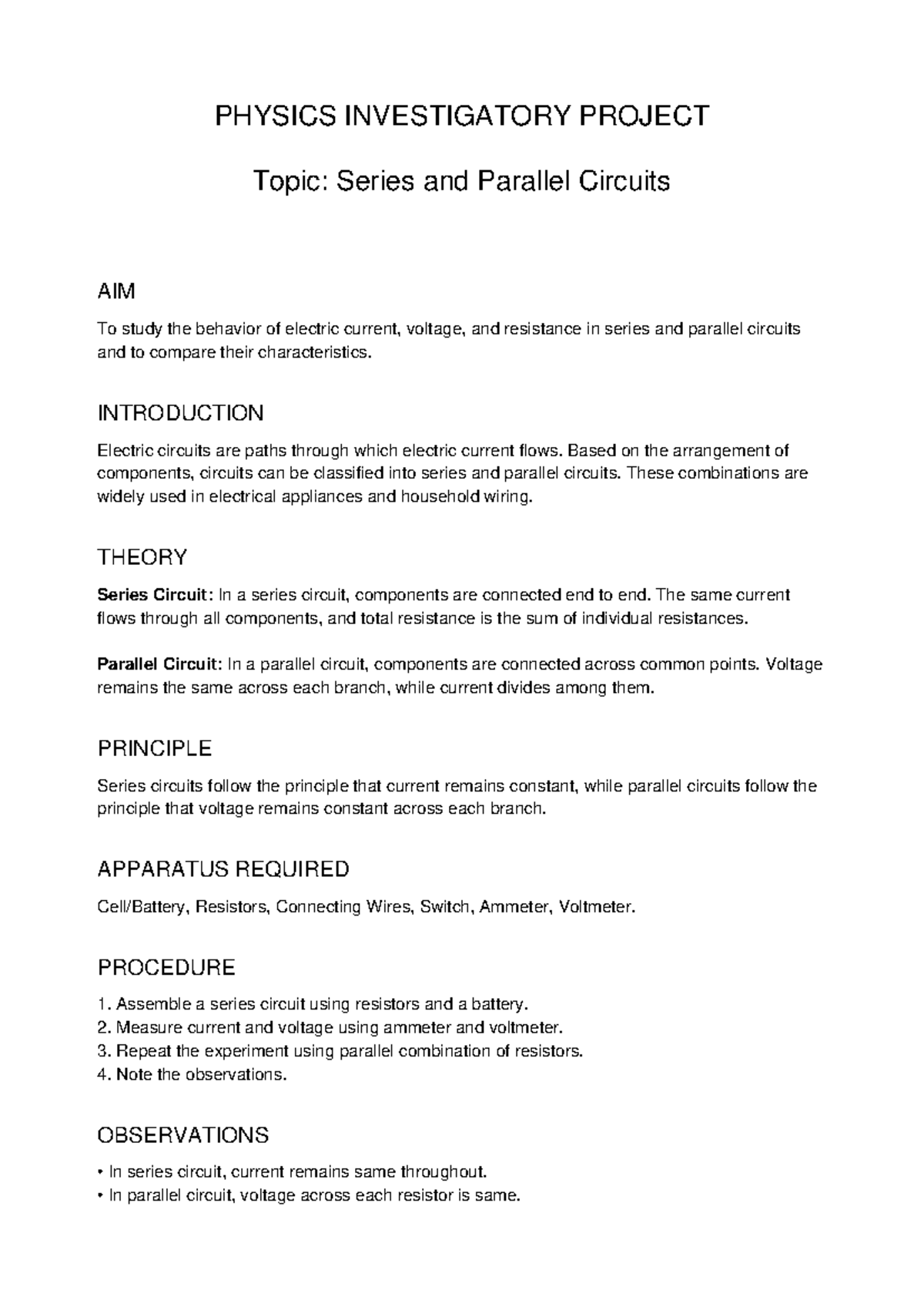 Class 12 Physics Investigatory Project: Series vs Parallel Circuits ...