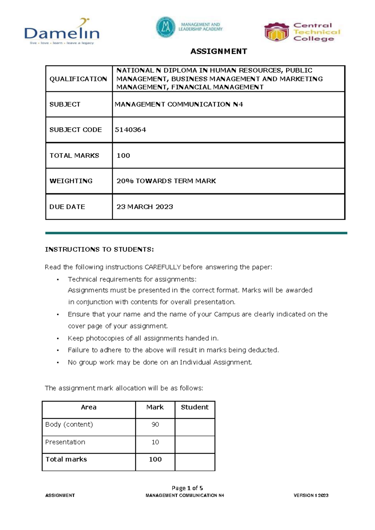 Management Communication N4 Assignment - Page 1 of 5 QUALIFICATION ...