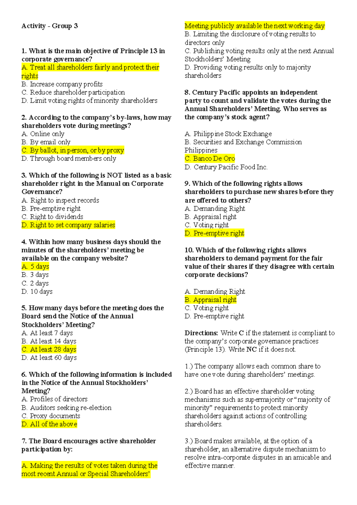 Corporate Governance Quiz: Activity Group 3 (CG 101) - Studocu