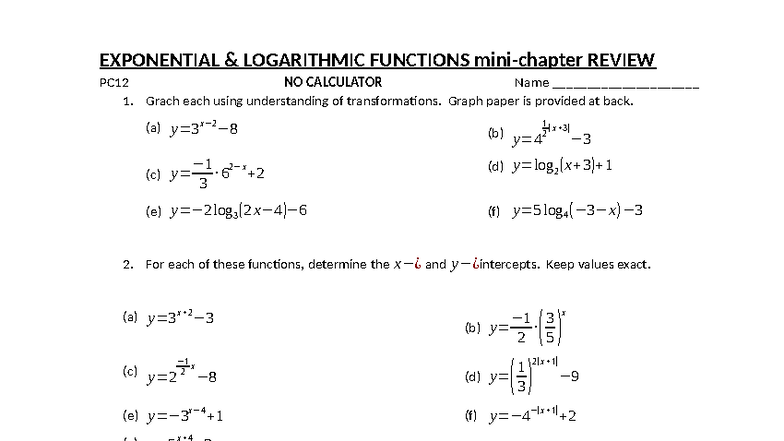 01 - Review for Graphing Test on Exponential & Logarithmic Functions ...