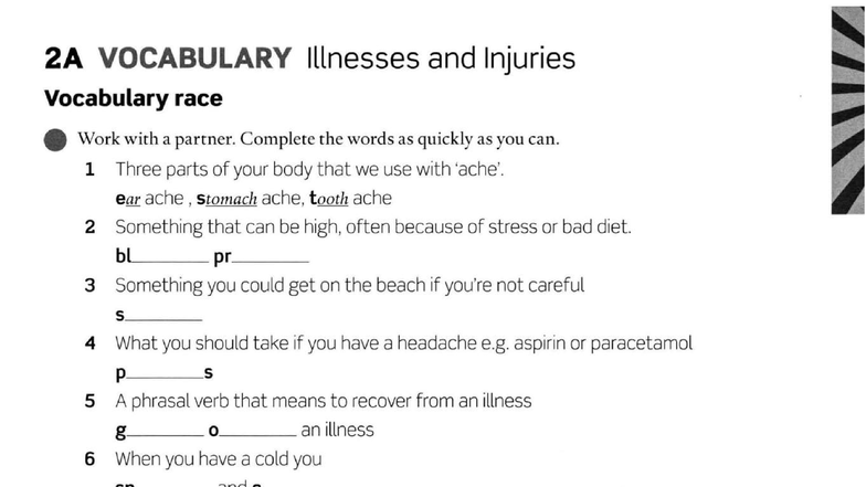 Unit 2 Vocabulary: Illnesses & Injuries - English File Upper Int - Studocu