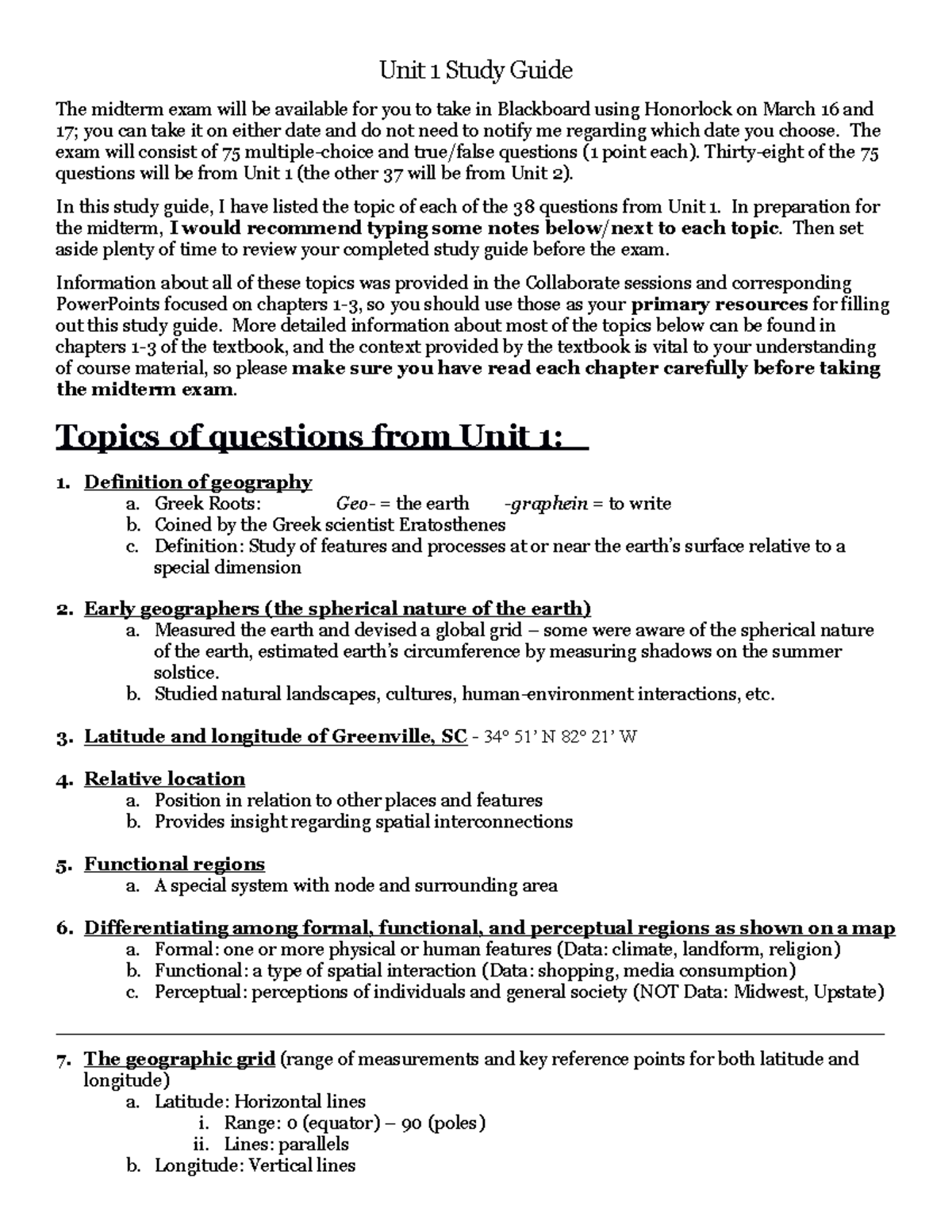 GEO 102 Introduction to Geography Unit 1 study guide - Unit 1 Study ...