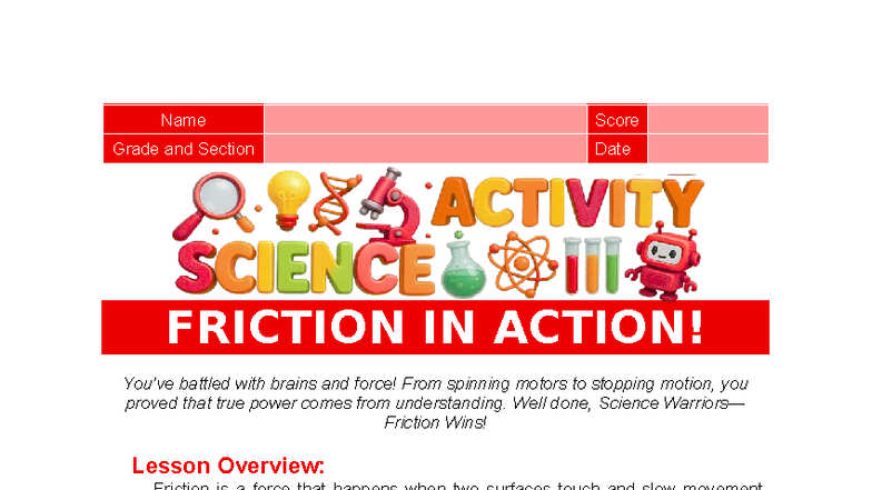 WS Q3 G6 CO W1 Friction in Action: Understanding Forces and Motion ...