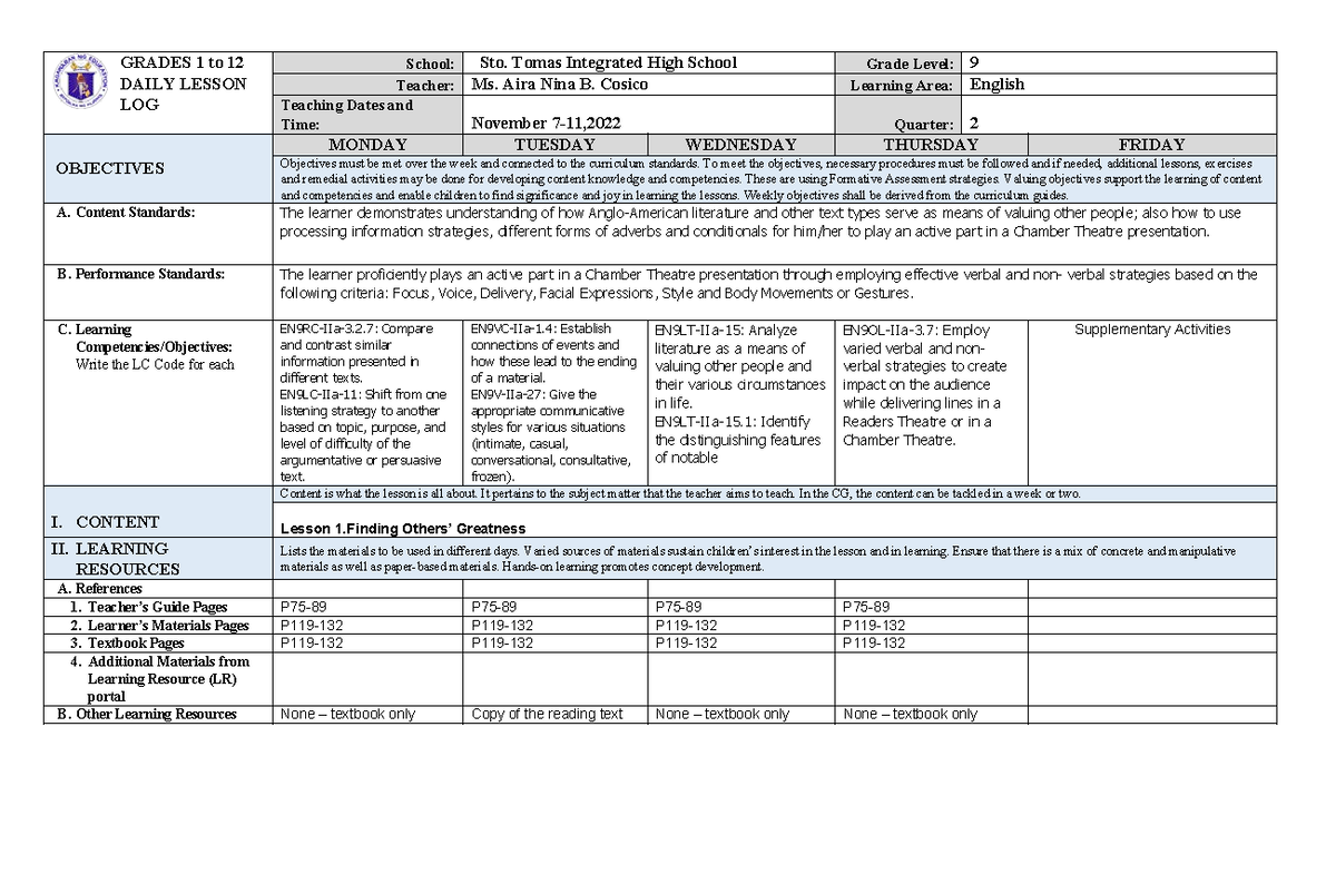 DAILY LESSON LOG FOR GRADE 9 ENGLISH (Quarter 2) - Sto. Tomas ...