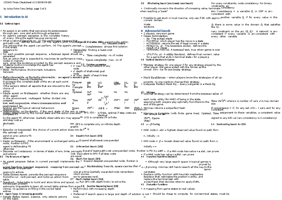 CS3243 Midterm Summary: Key Concepts in Artificial Intelligence - Studocu