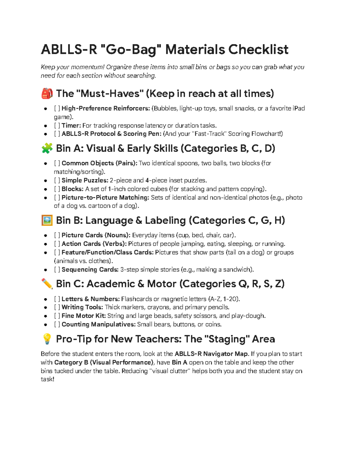 ABLLS-R Materials Go-Bag Checklist for New Teachers - Studocu