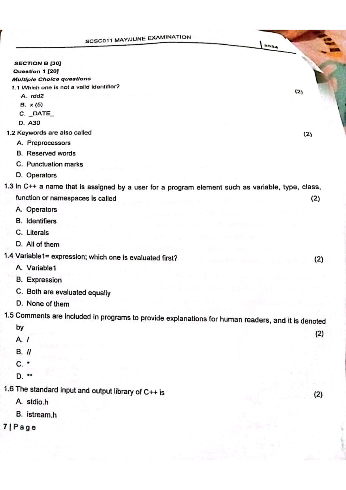 SCSC011 Final Exam 2024 Multiple Choice & Short Answer Questions - Studocu