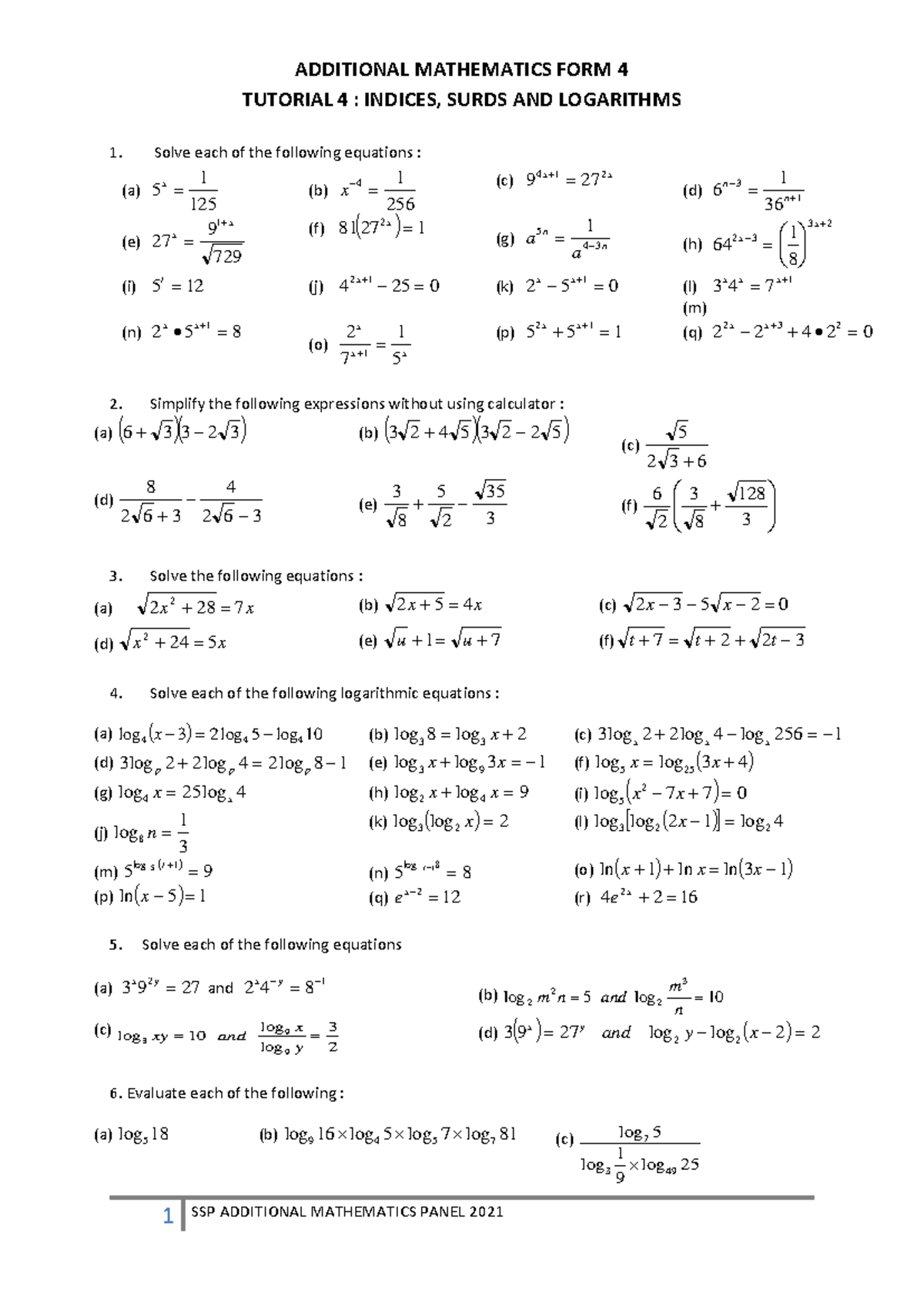 Tutorial- Indices, Surds AND Logarithms - ADDITIONAL MATHEMATICS FORM 4 ...