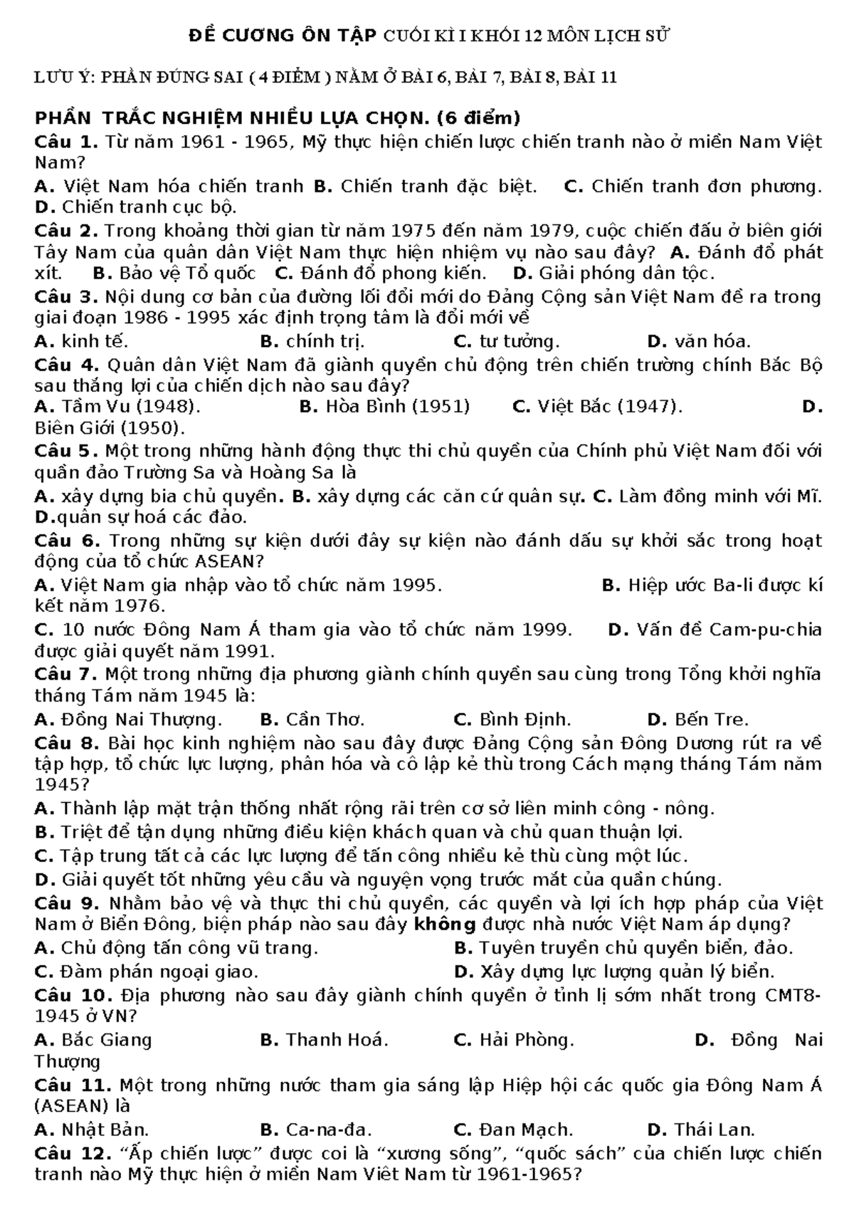 ĐỀ CƯƠNG ÔN TẬP CUỐI KÌ I LỊCH SỬ 12 - ĐÁP ÁN GẠCH CHÂN - Studocu