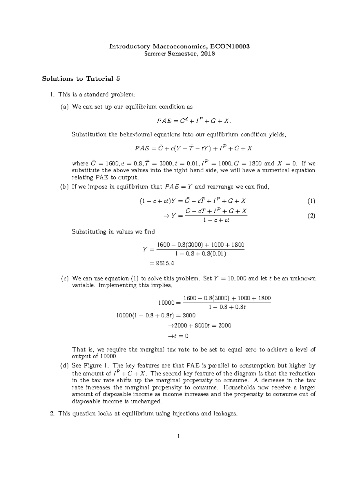 T5 Pretutorial soln - ECON10003 INTRODUCTION TO MACROECONOMICS SUMMER ...