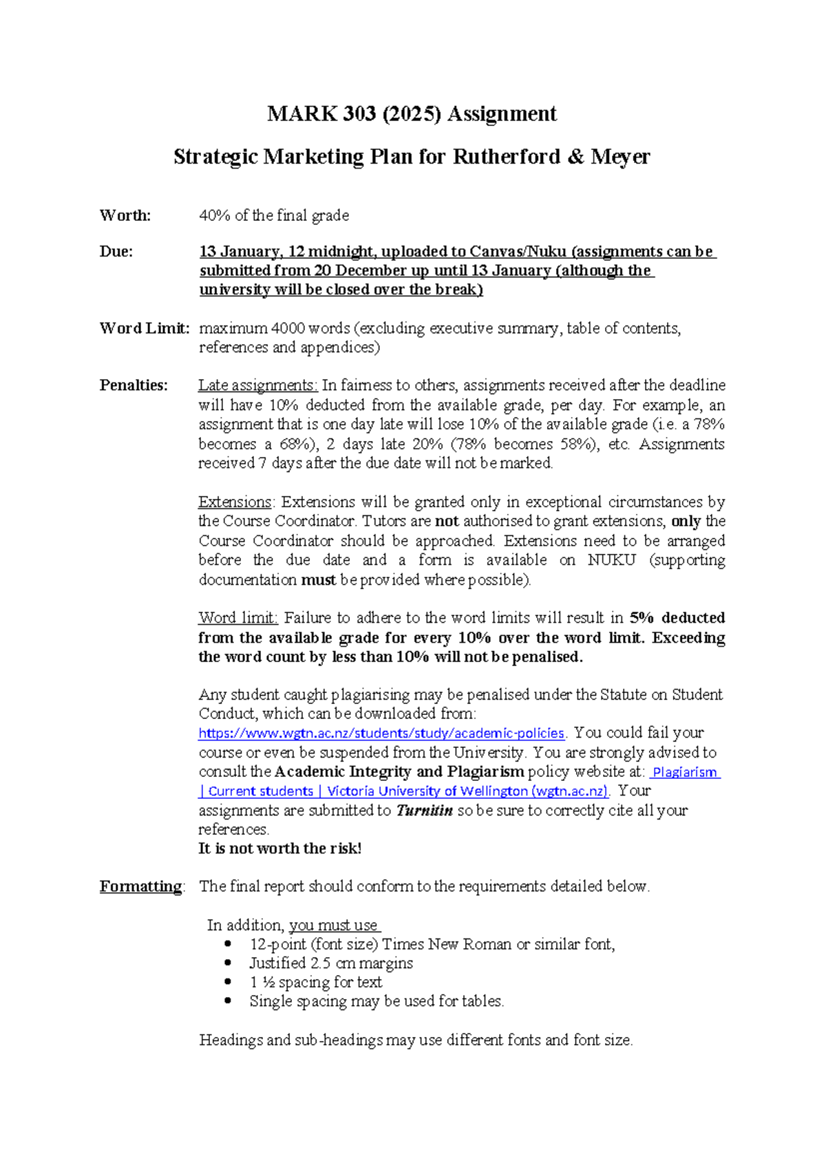 MARK 303 (2025) Final Assignment: Strategic Marketing Plan for ...