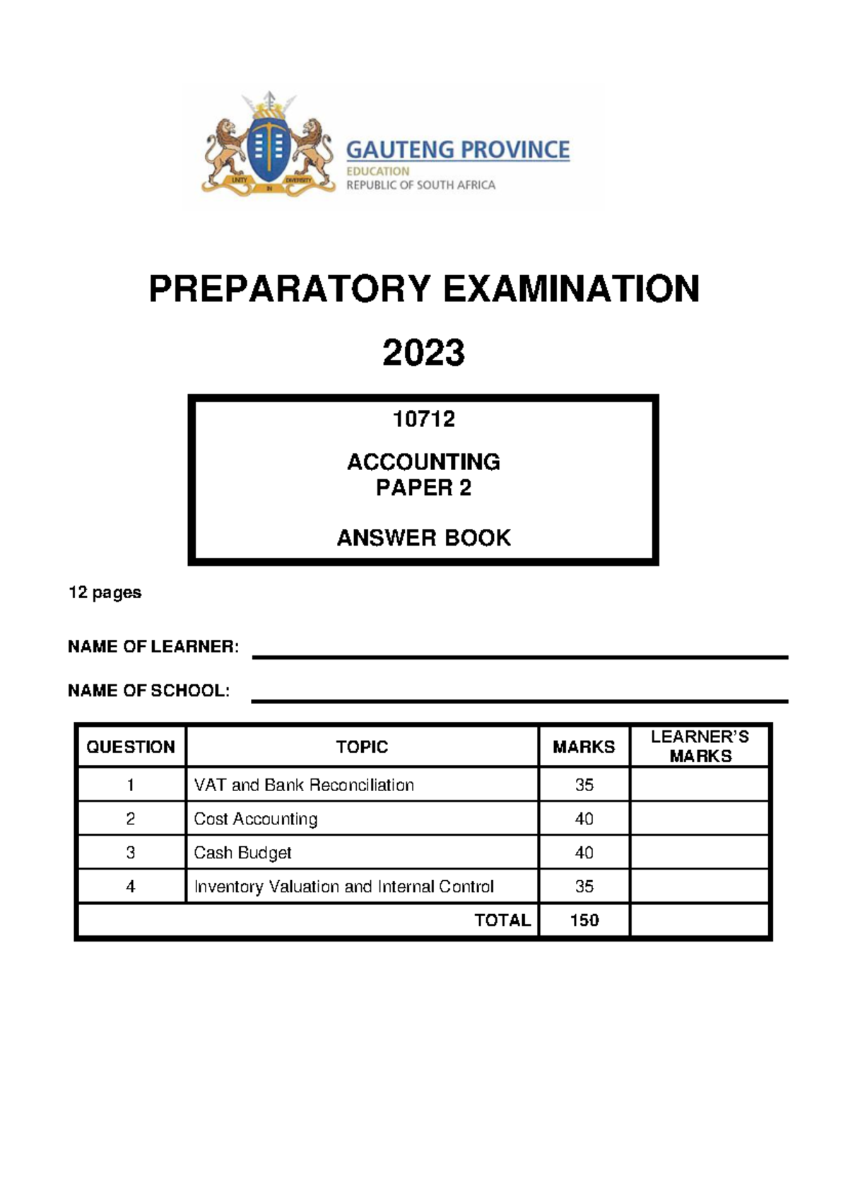 Gr 12 Accounting P2 (2023) Preparatory Exam Answer Book - Studocu