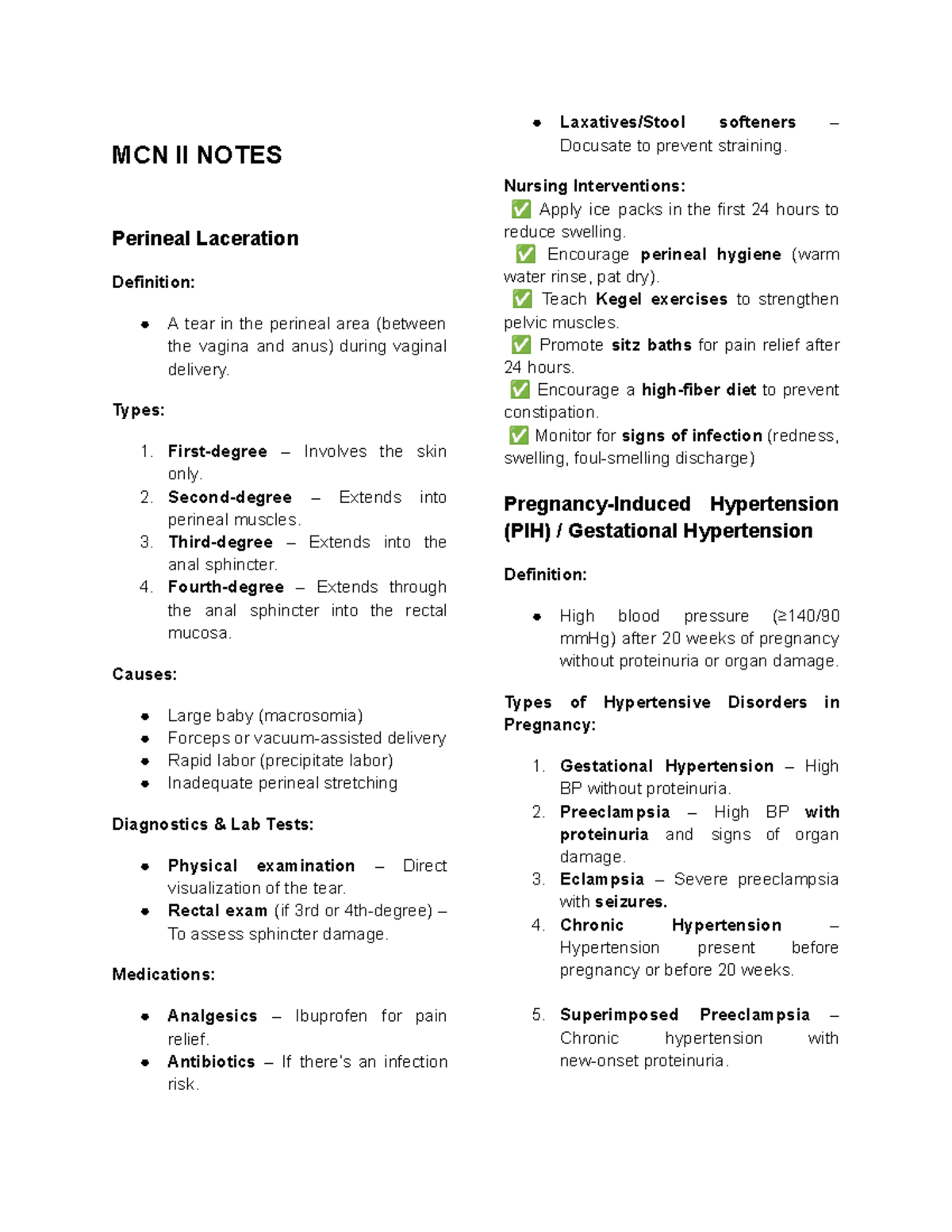 MCN II Notes - lecture - MCN II NOTES Perineal Laceration Definition: A ...