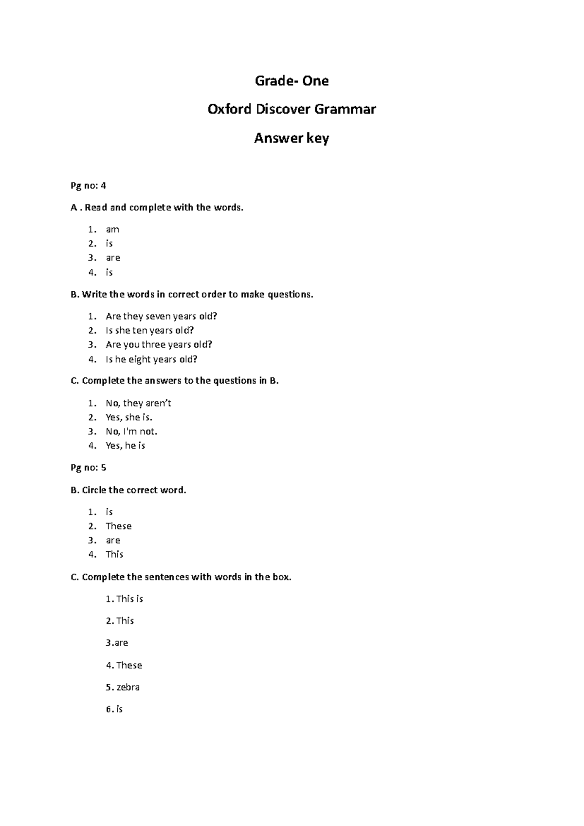 Grammar Answer Key for Oxford Discover - Grade 1 - Studocu