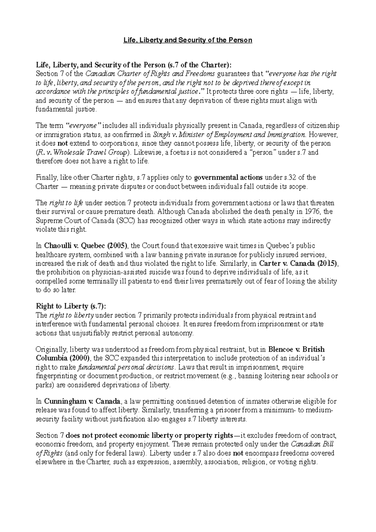 Life, Liberty, and Security of the Person: Analyzing Section 7 of the ...