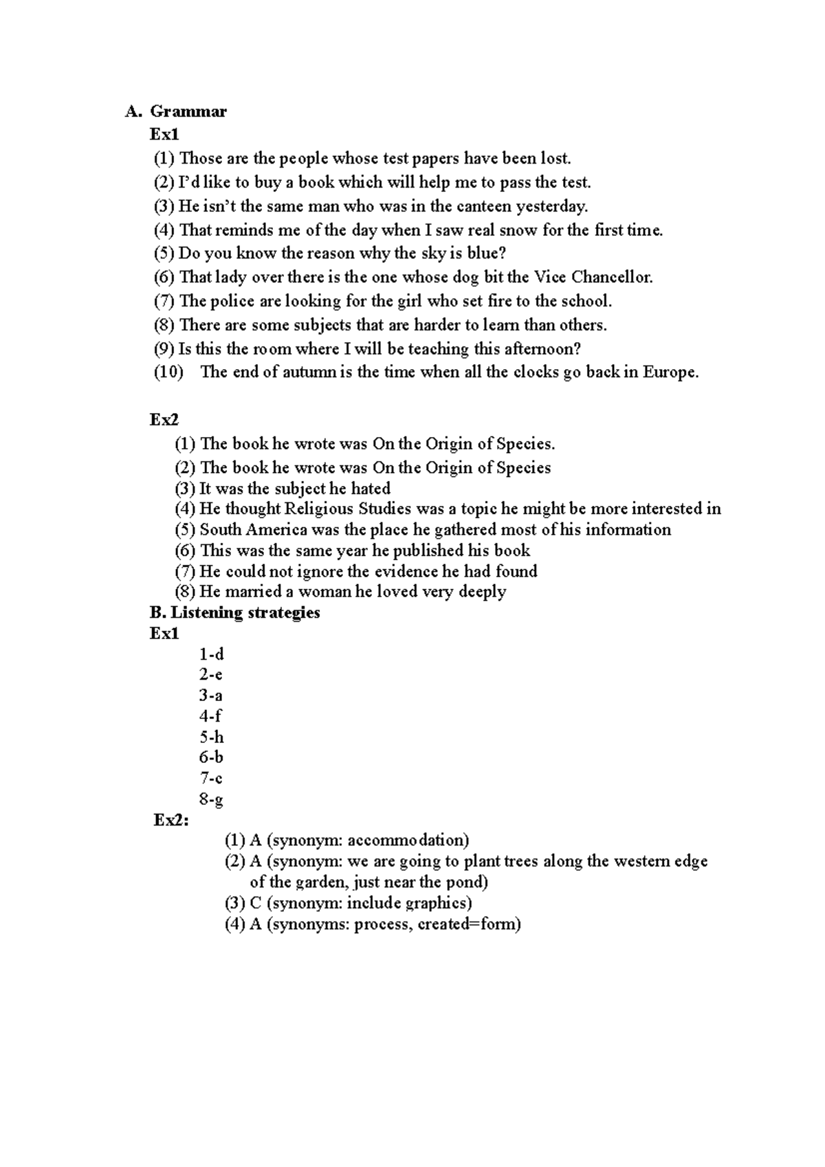 Grammar & Listening Strategies - ABC Preparation Notes - Studocu