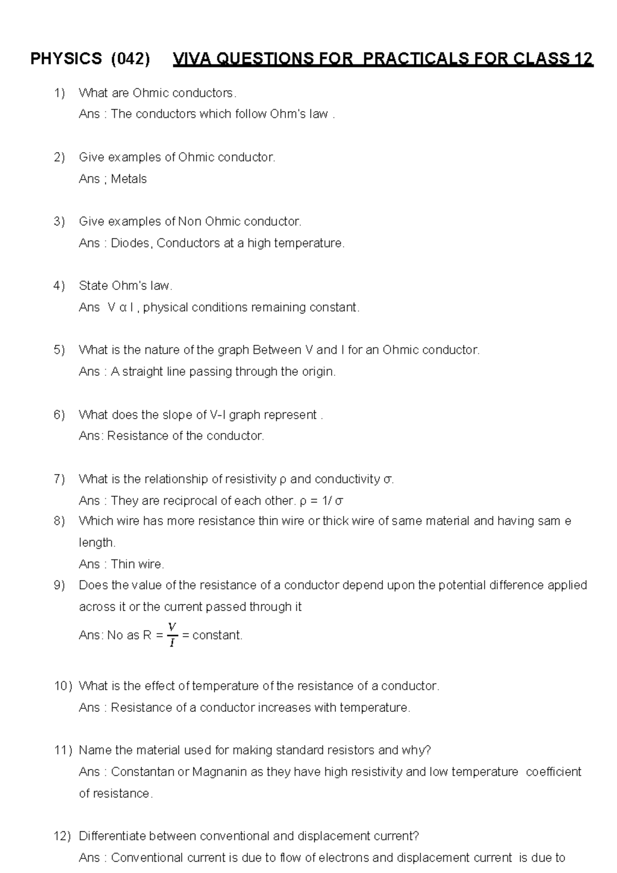 PHYSICS (042) Class 12 VIVA Questions for Practicals - Studocu