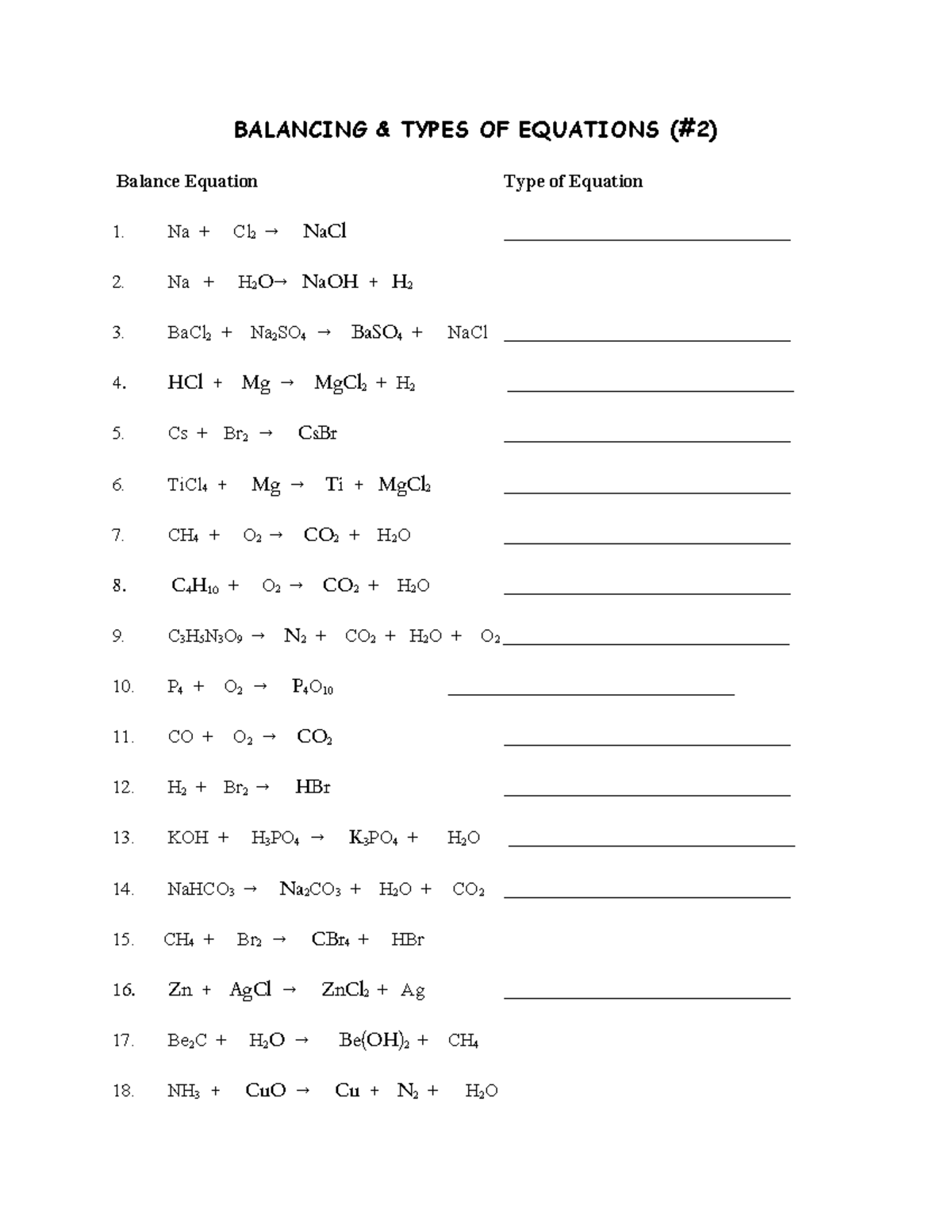 Balancing Chemical Equations Practice Sheet (#2) - Studocu