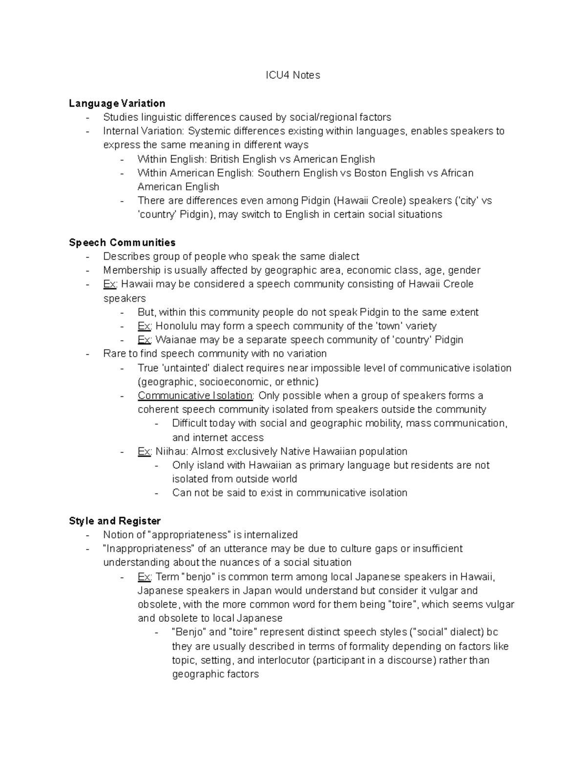 ICU4 Notes: Language Variation and Internal Speech Communities - Studocu
