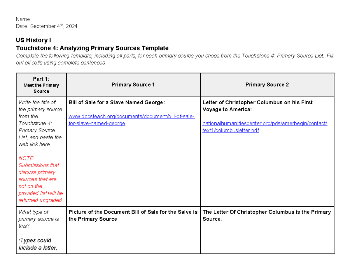 US History I Touchstone 4: Analyzing Primary Sources Assignment - Studocu