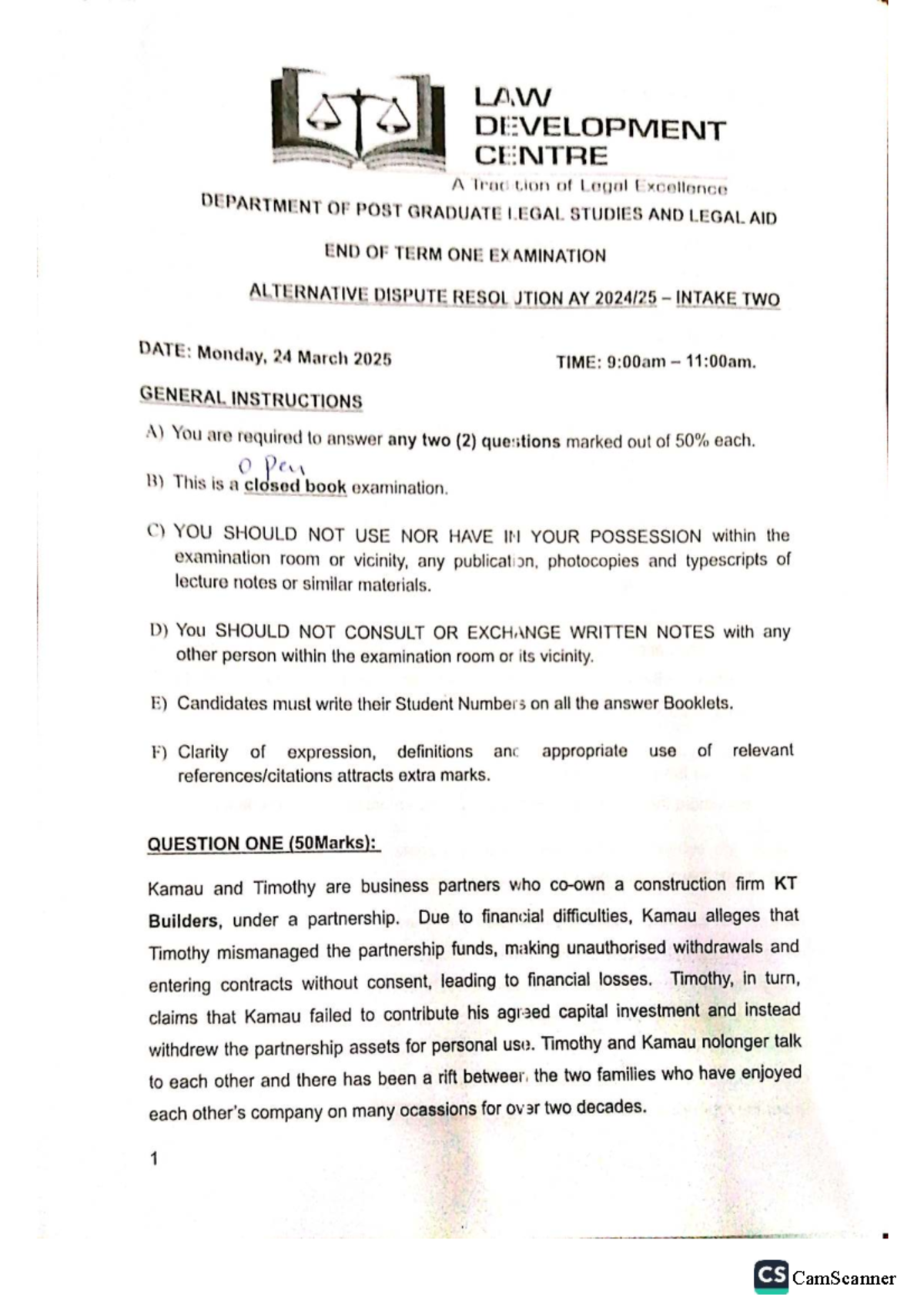 LAW 101: End of Term Examination on Alternative Dispute Resolution ...