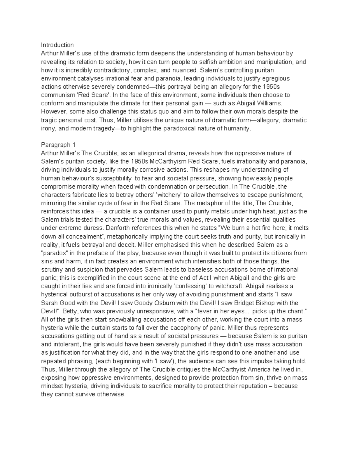 Crucible practice essay - Introduction Arthur Miller’s use of the ...