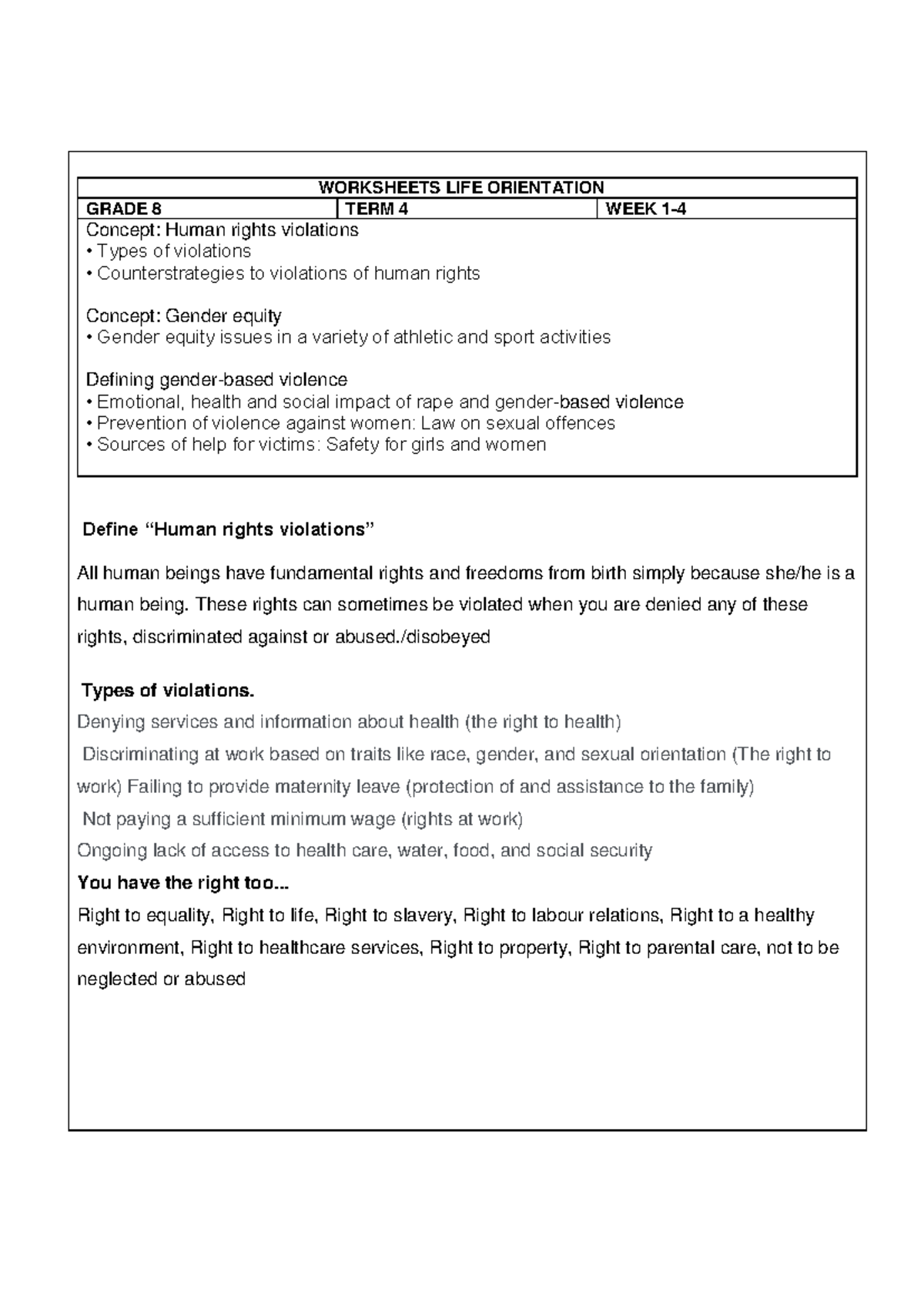 Human Rights Violations & Gender Equity: Worksheets for Grade 8 LO Term ...