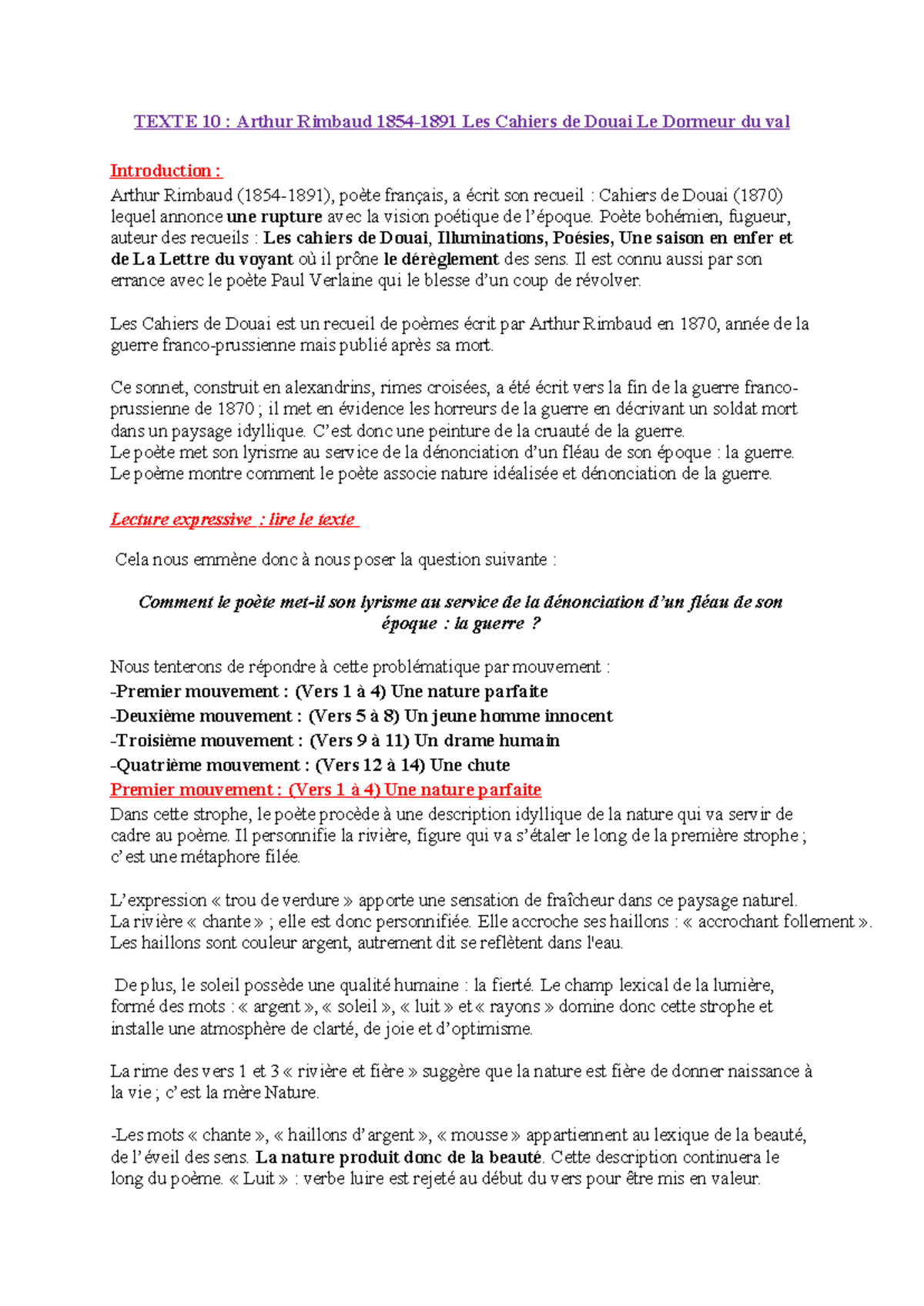 TEXTE 10 : Analyse du poème "Le Dormeur du val" d'Arthur Rimbaud - Studocu