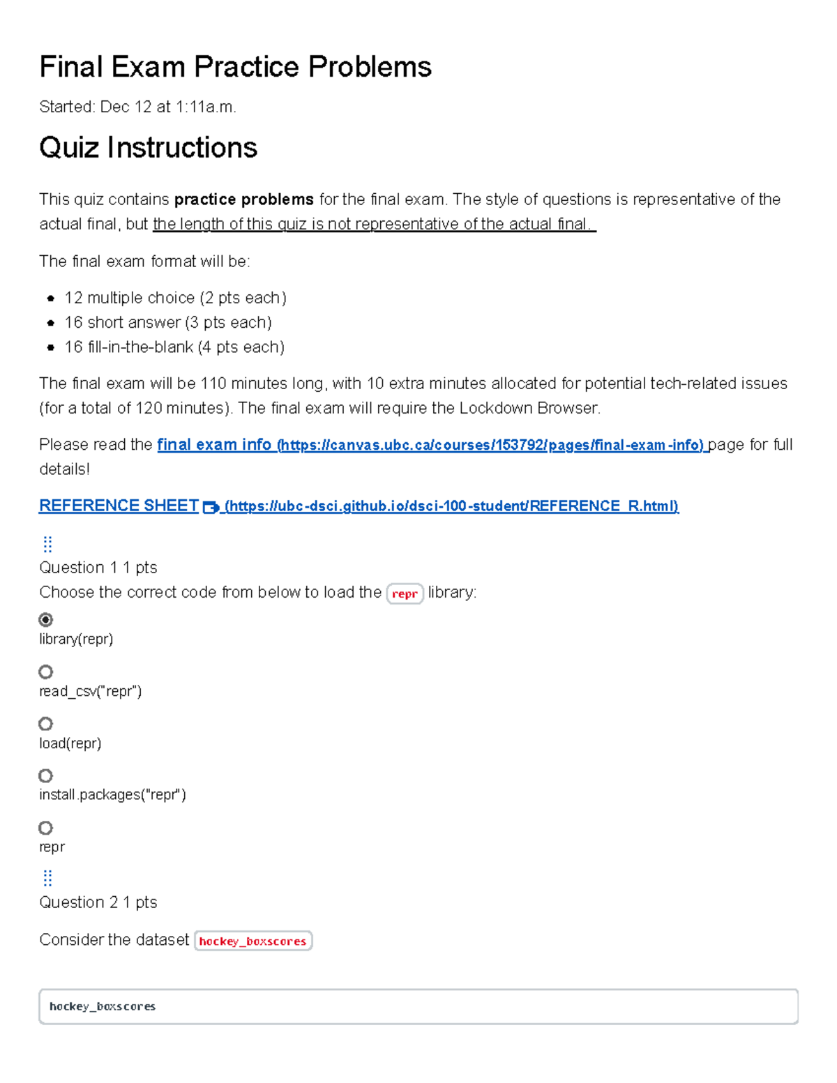 Final Exam Quiz Practice Problems for DSCI 100 - Studocu