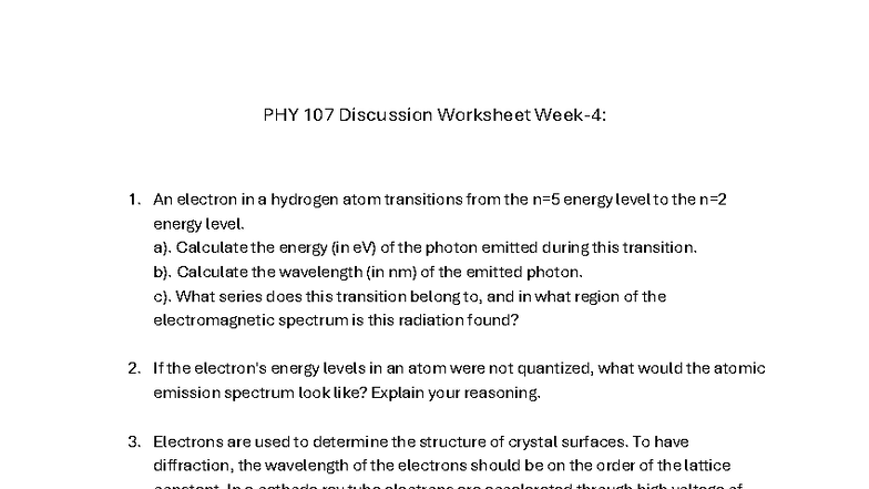 PHY 107 Discussion Worksheet 1: Energy Transitions & Quantum Concepts ...