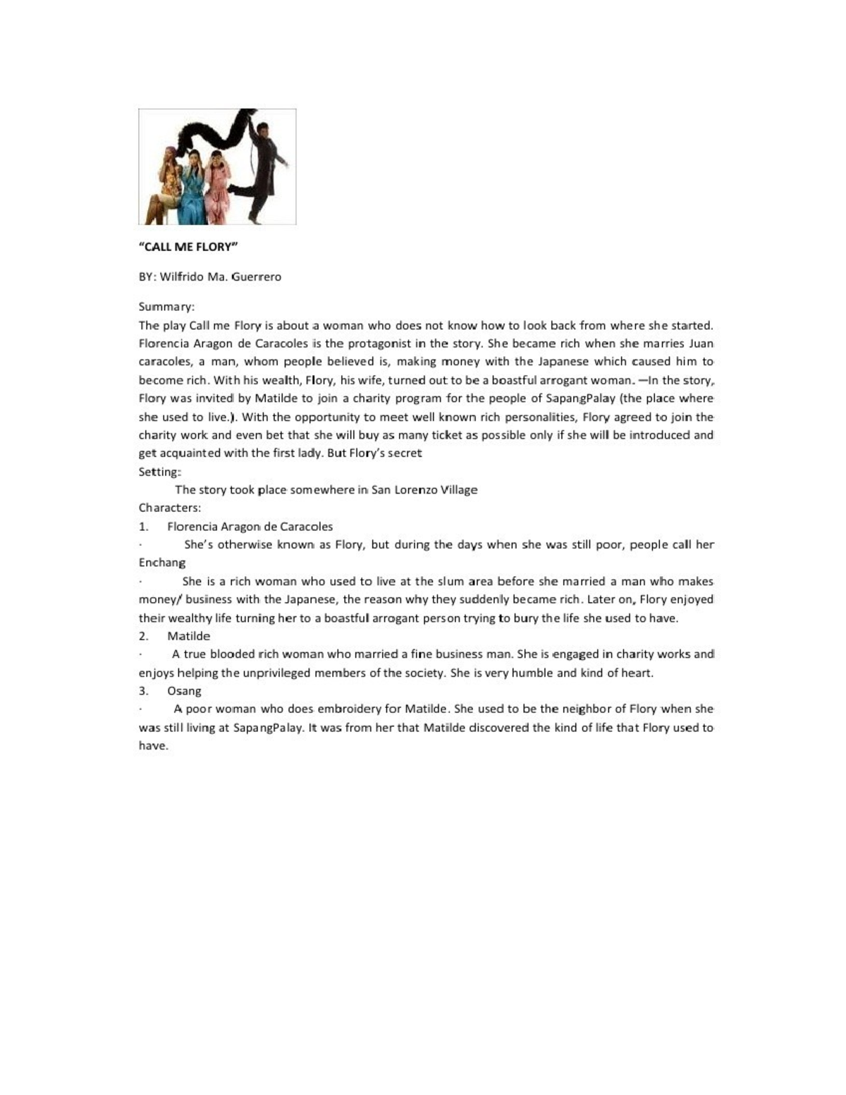 Call Me Flory - One-Act Play Script for Drama Course (DRM101) - Studocu