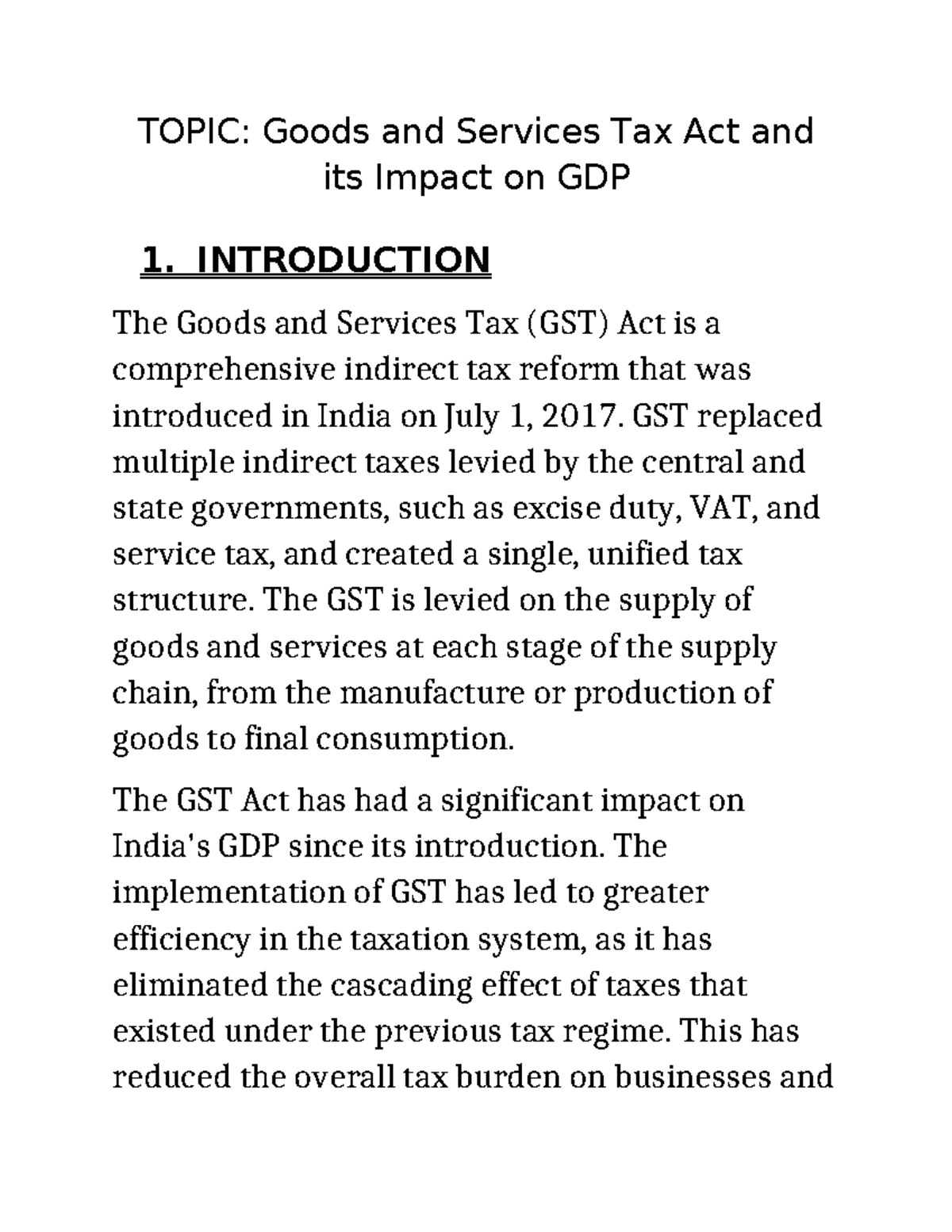 GST Act's Influence on India's GDP: A Project Analysis - Studocu