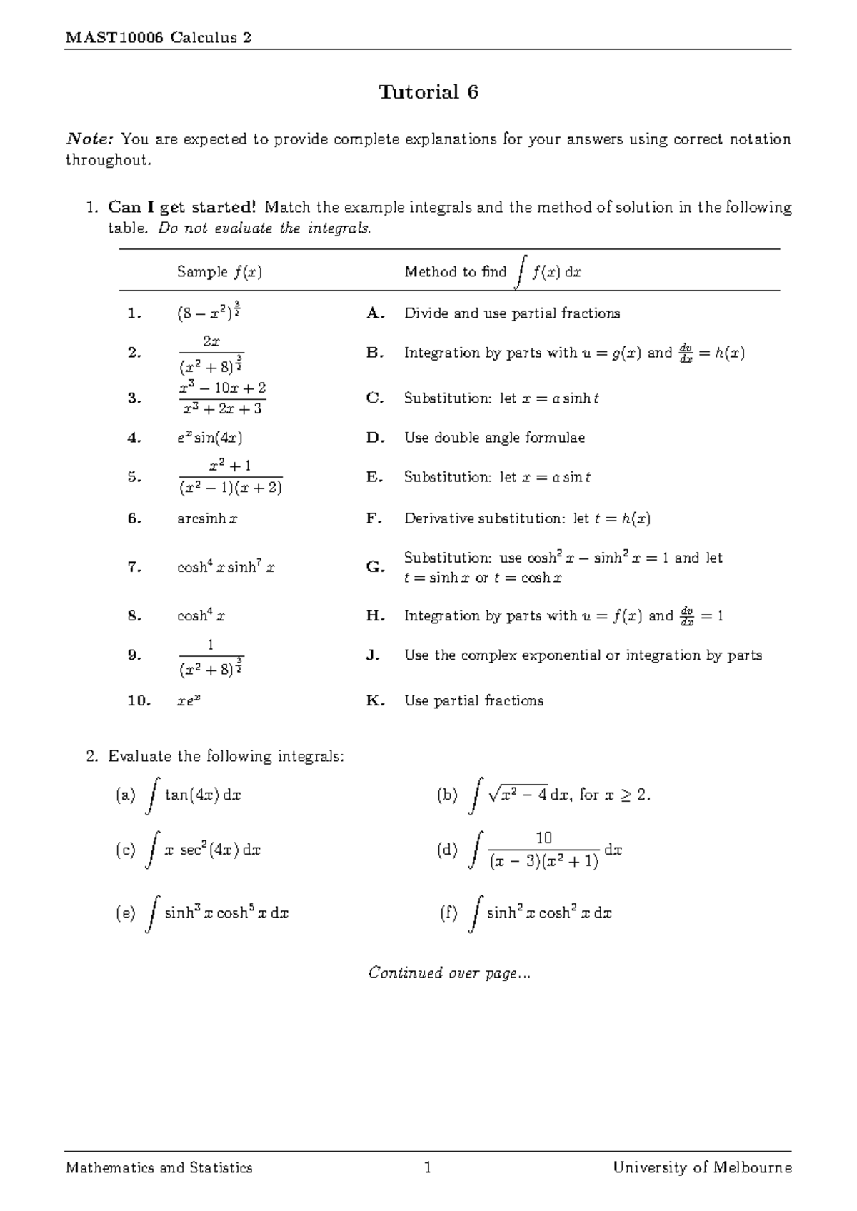 MAST10006 week 6 tutorial questions and solutions - Tutorial 6 Note ...