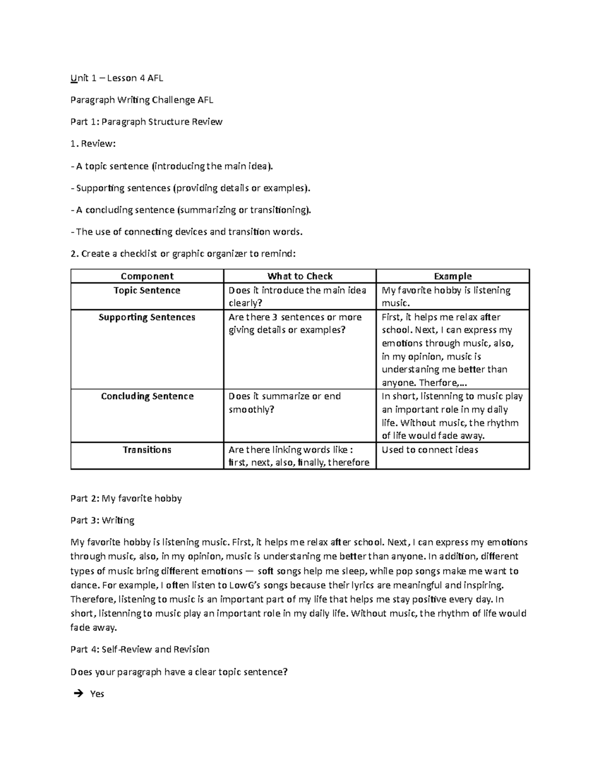 AFL Unit 1 Lesson 4: Paragraph Writing Challenge & Review - Studocu