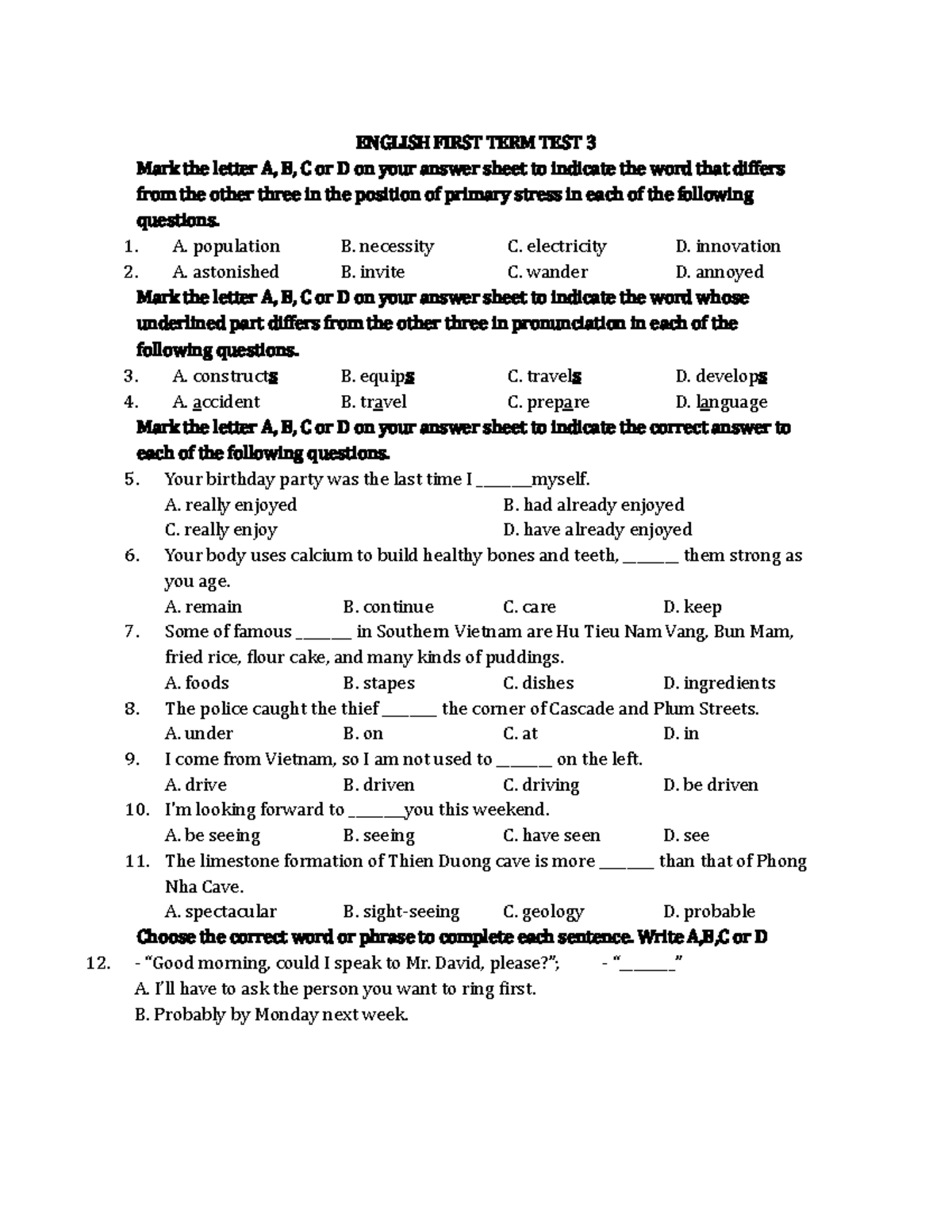 ENGLISH FIRST TERM TEST 3: Stress and Pronunciation Questions - Studocu