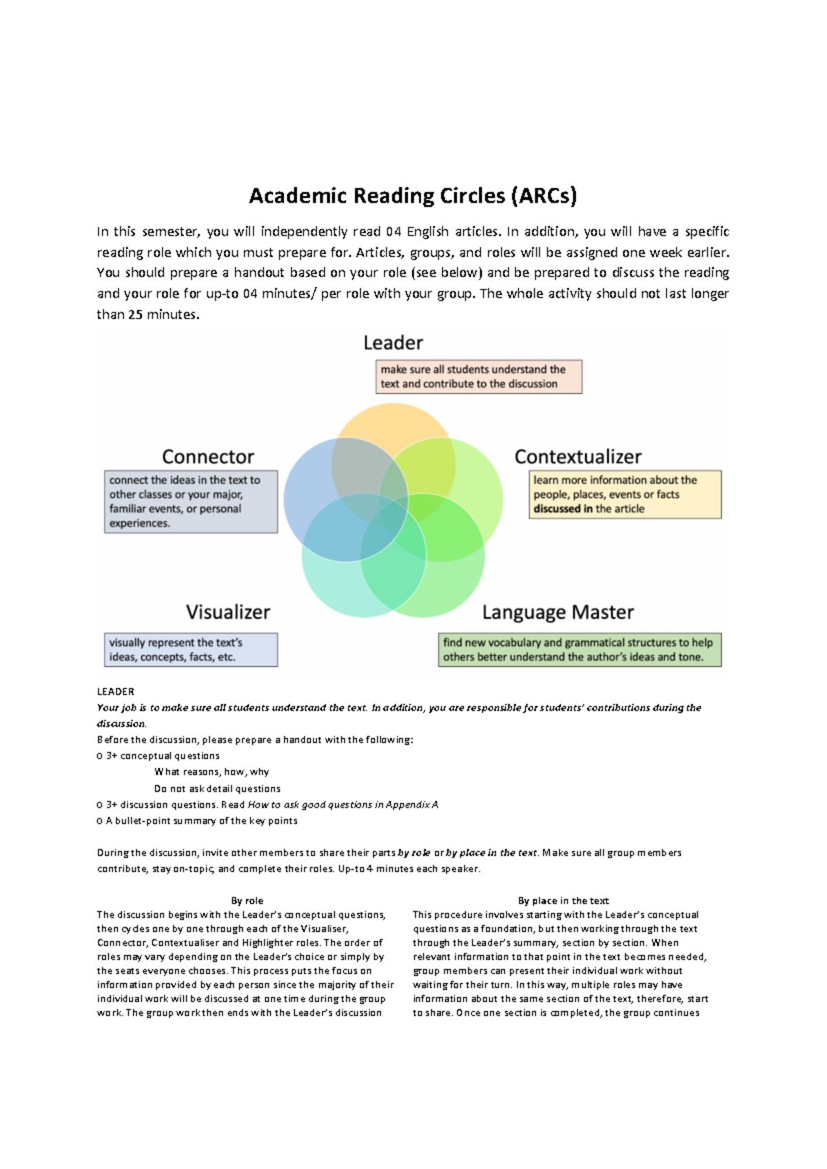 ARC Handouts for Lower Level: Academic Reading Circles (ARCs) Guide ...