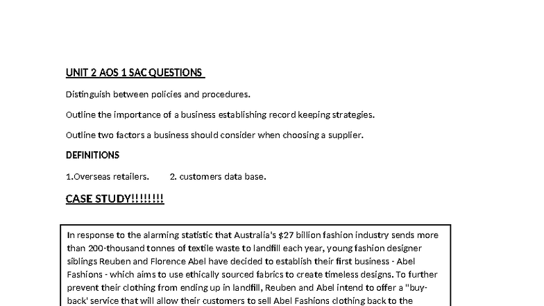 Unit 2 AOS 1 SAC: Business Policies, Procedures & Case Study Insights ...