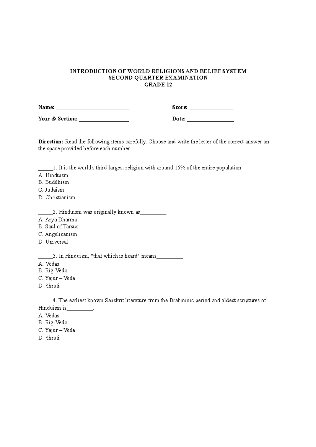 2ND Quarter Exam - Intro to World Religions (Grade 12) - Studocu
