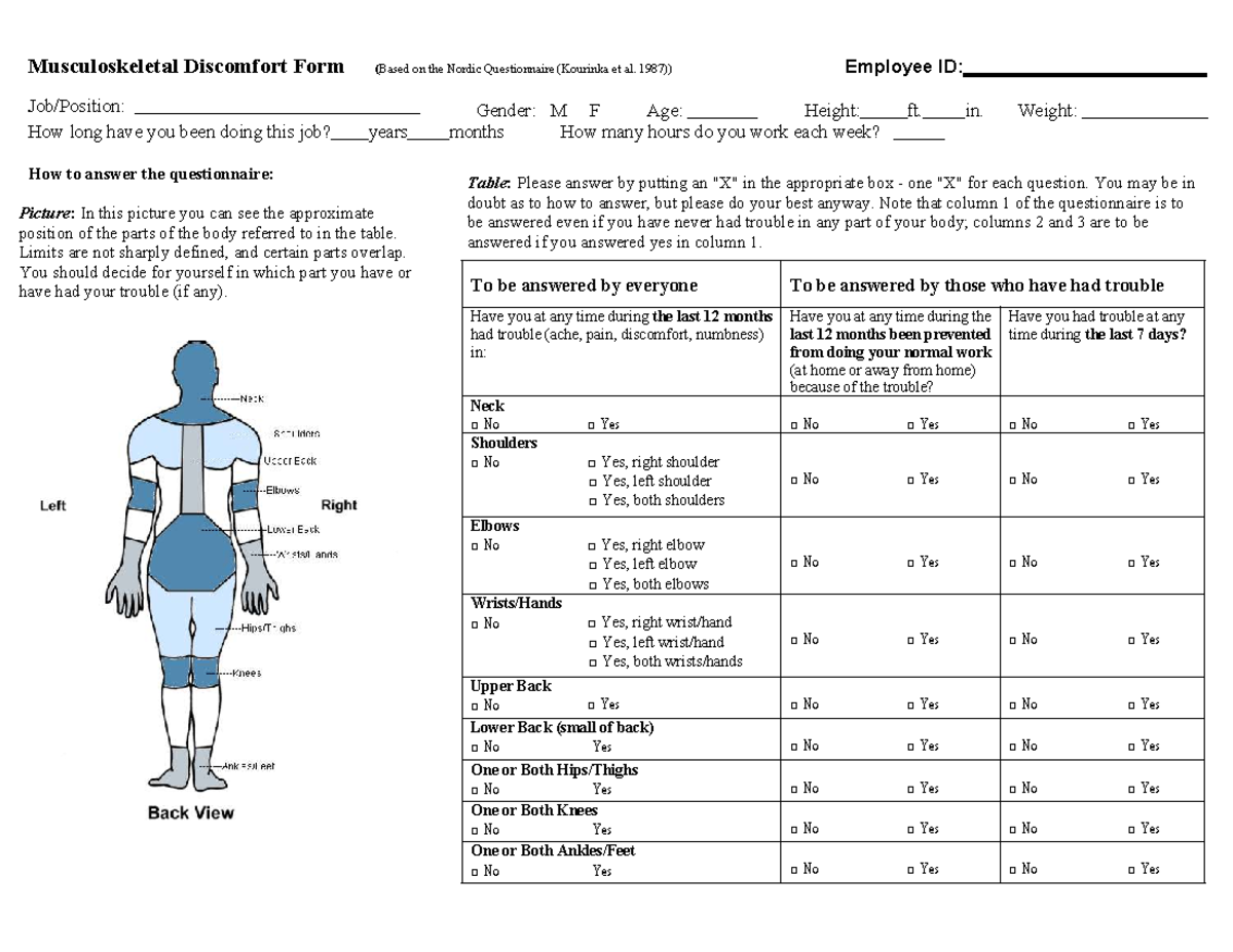 Musculoskeletal Discomfort Questionnaire (Nordic Q) - Studocu