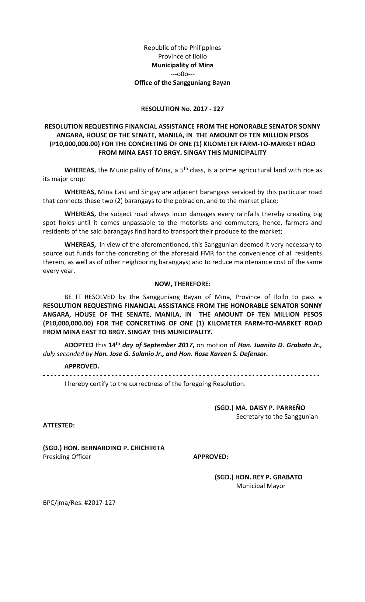 Resolution No. 2017-127: Request for Financial Assistance for FMR - Studocu