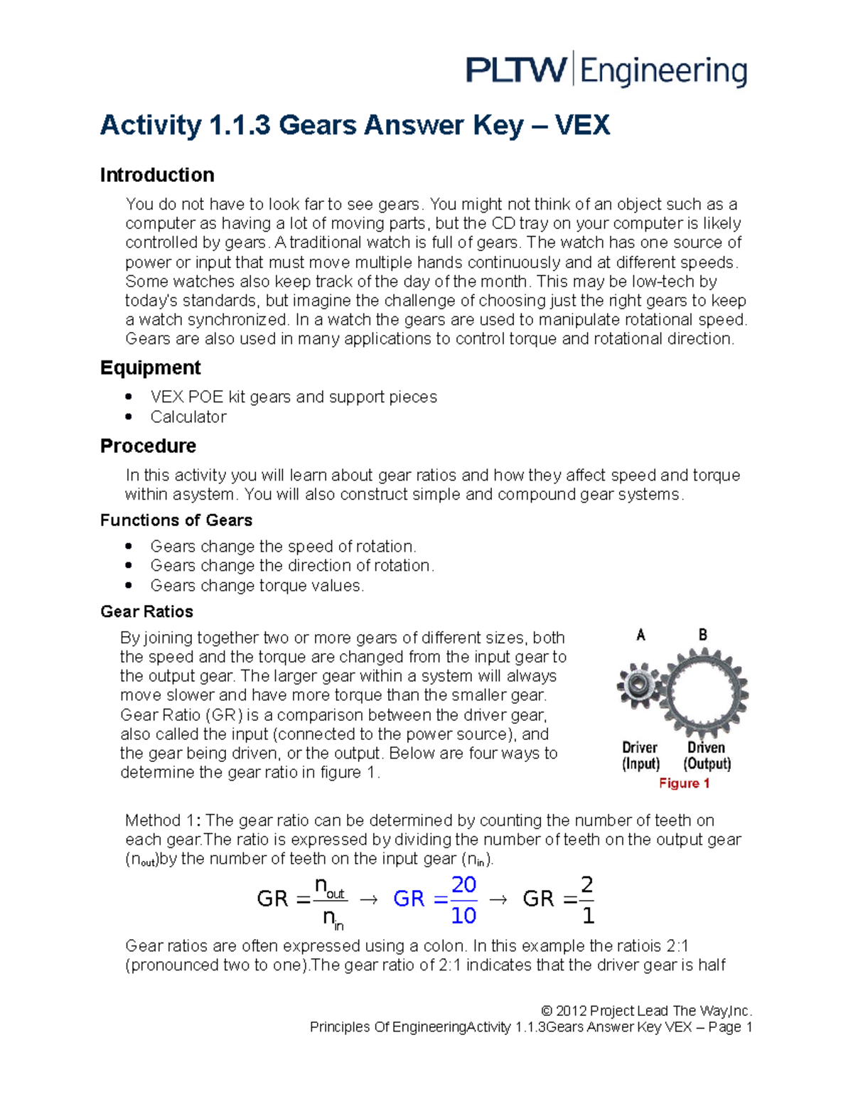 1.1.3.a - Gear Ratios & Functions Answer Key for VEX Activity - Studocu