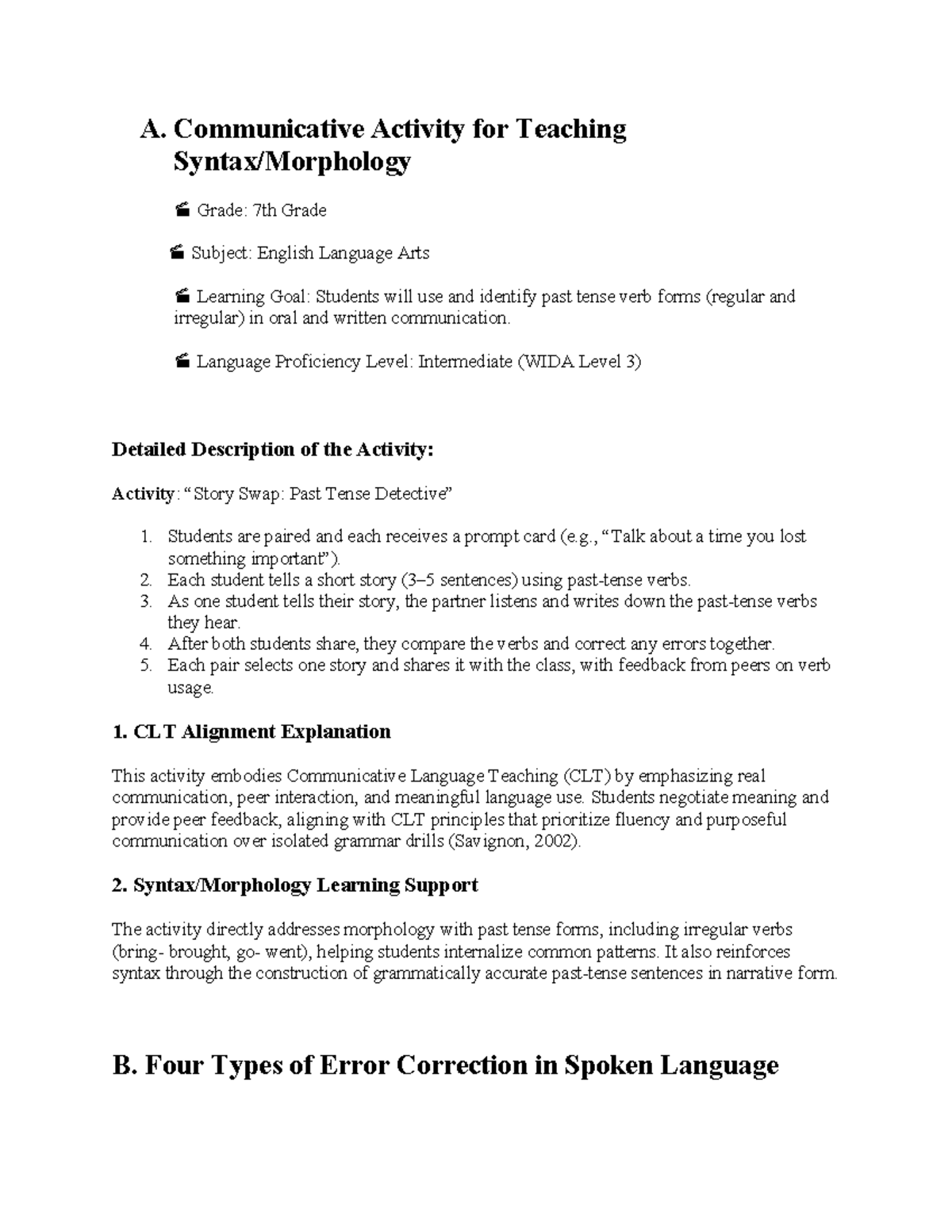 LPA1 Task 4 - Communicative Activity for Teaching Past Tense Verbs ...