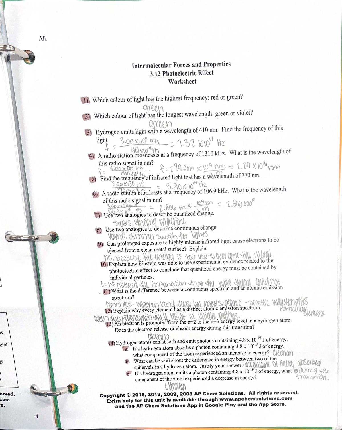 AP Chem 3.12 Photoelectric Effect & Intermolecular Forces Worksheet ...