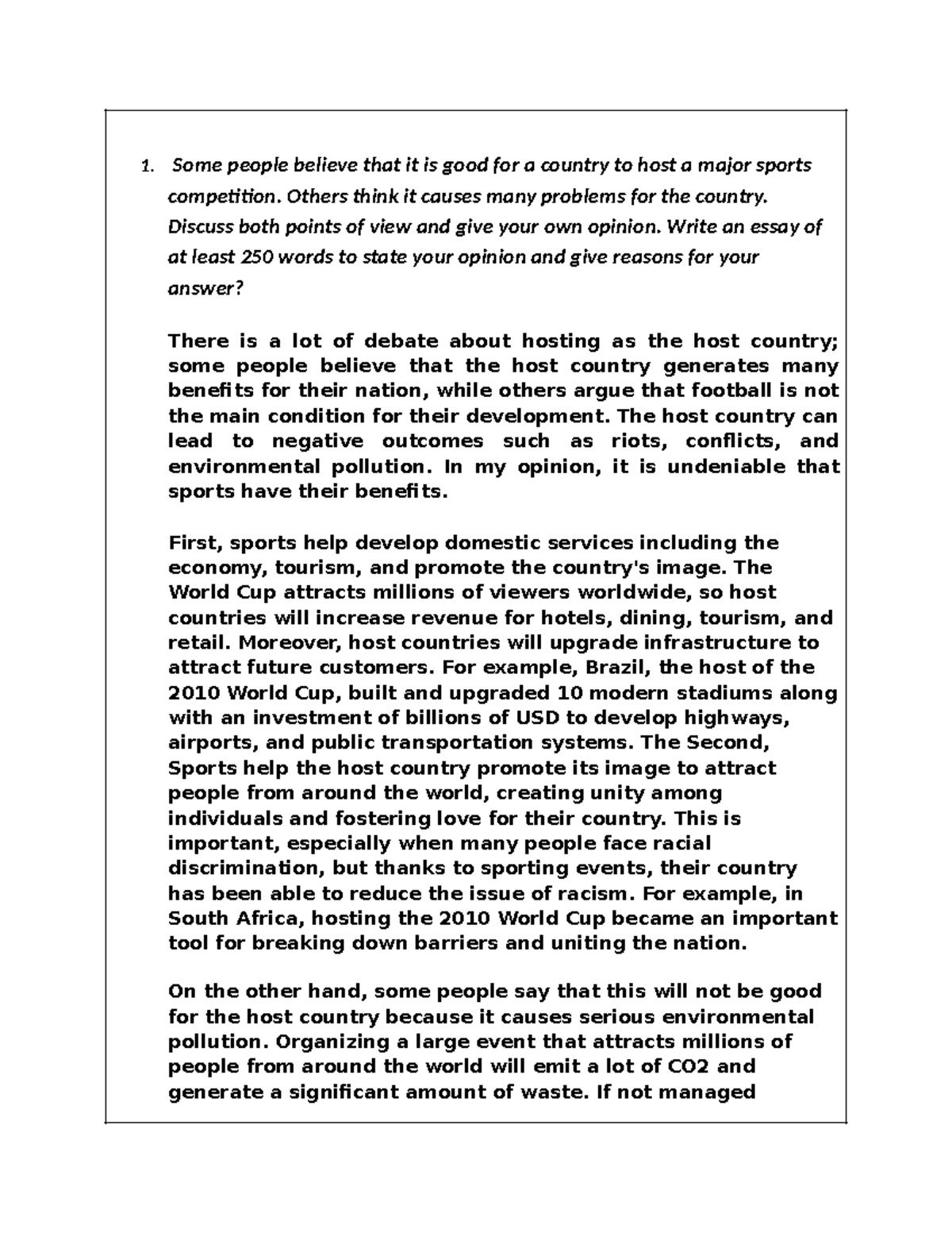 Essay Notes: Hosting Major Sports Competitions - Pros & Cons - Studocu
