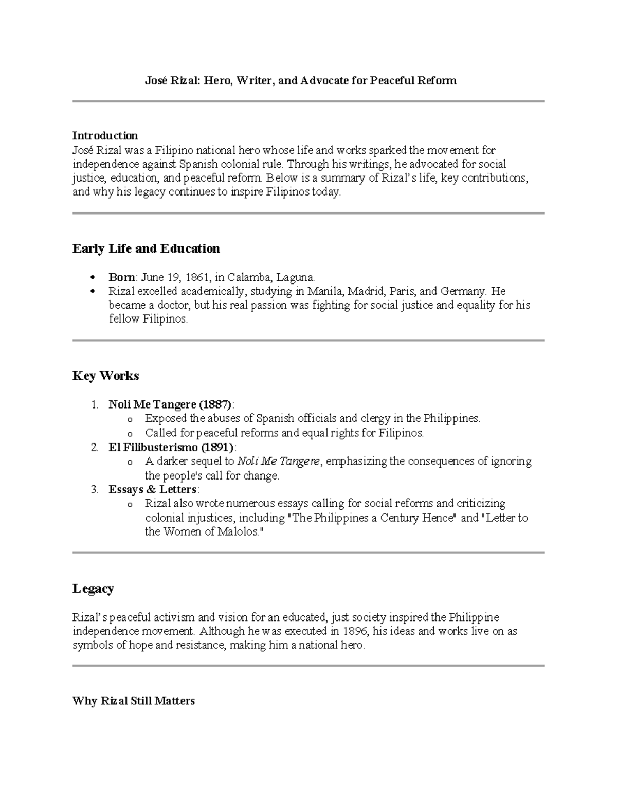 José Rizal: National Hero & Advocate for Peaceful Reform Essay Notes ...