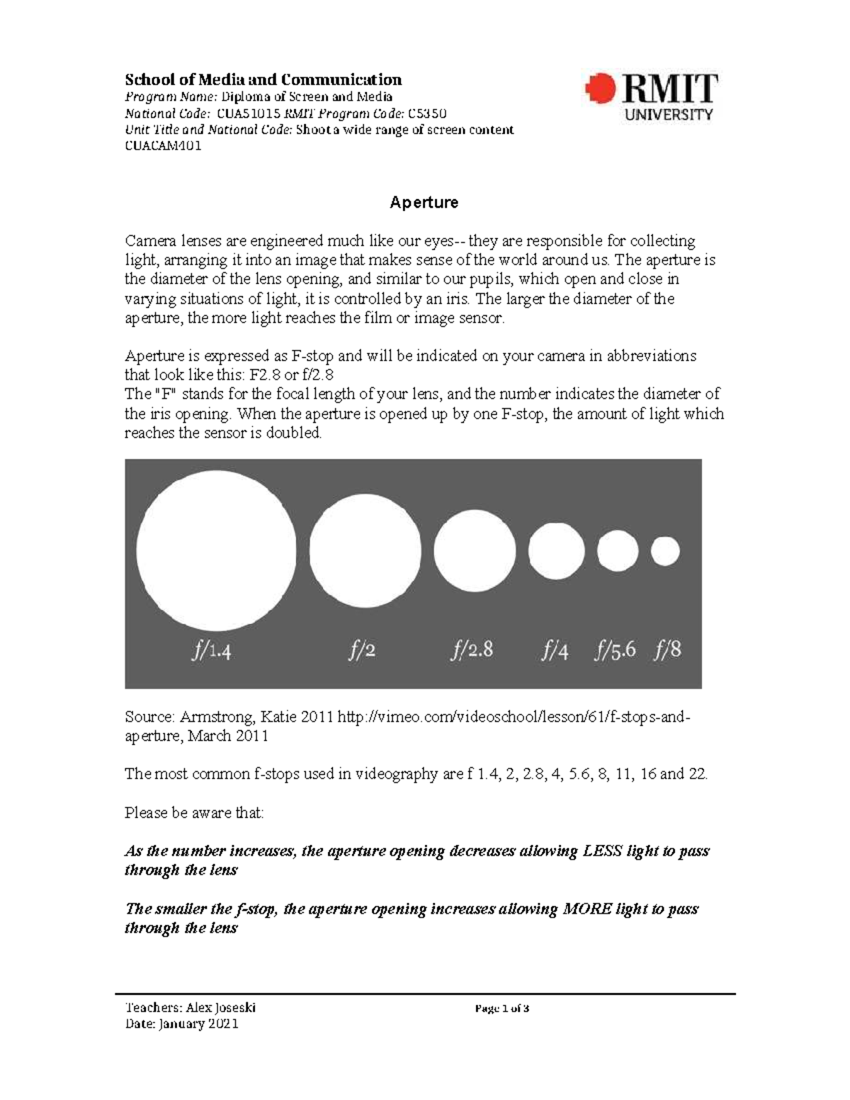 CUACAM401 Lecture Notes: Understanding Aperture and Depth of Field ...