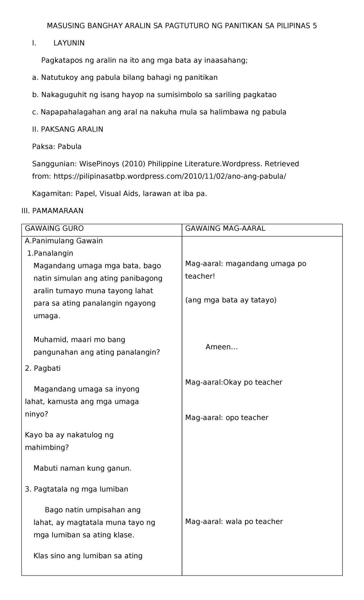 Panitikan LP - 4as Pabula Lesson Plan and Activities - Studocu